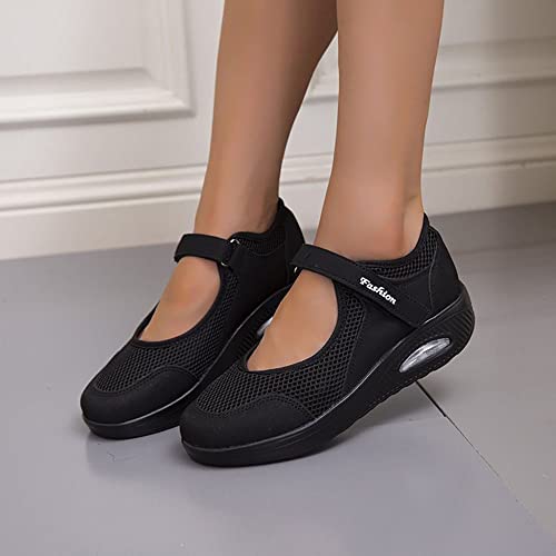 YSMIIH Womens Walking Mary Jane Wedges Sneaker Hook and Loop Comfort Nurse Shoes Casual Rockers(Black,8