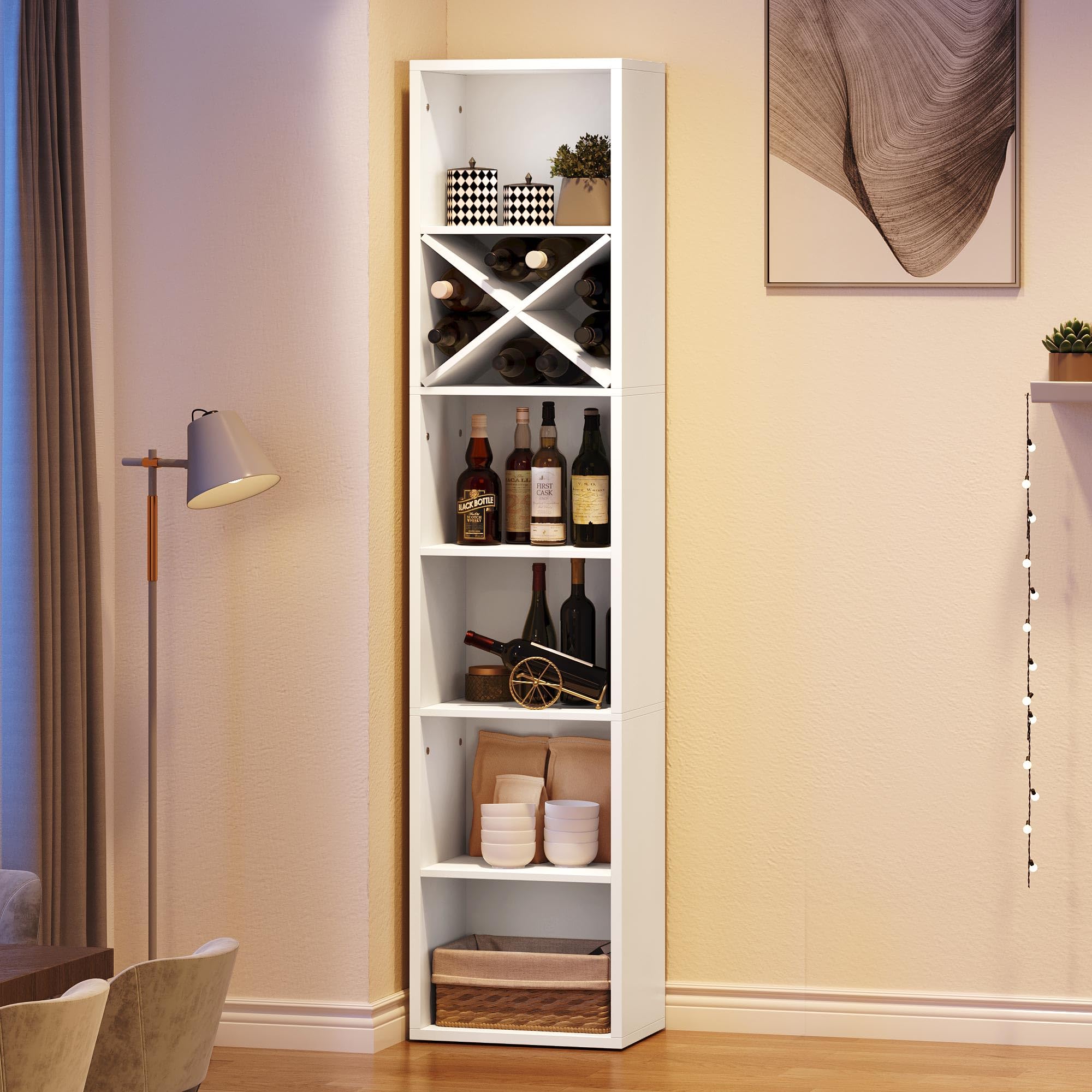 YITAHOME 70.9" Tall Narrow Bookcase, Modern Open Wooden Bookshelf with Wine Rack, 6 Tier Cube Display Shelves for Living Room/Kitchen/Bedroom/Dining Room, White