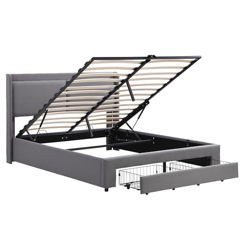 WOXYX Queen Size Platform Bed,Storage Upholstered Hydraulic Beds Frame with 2 Drawers,Grey