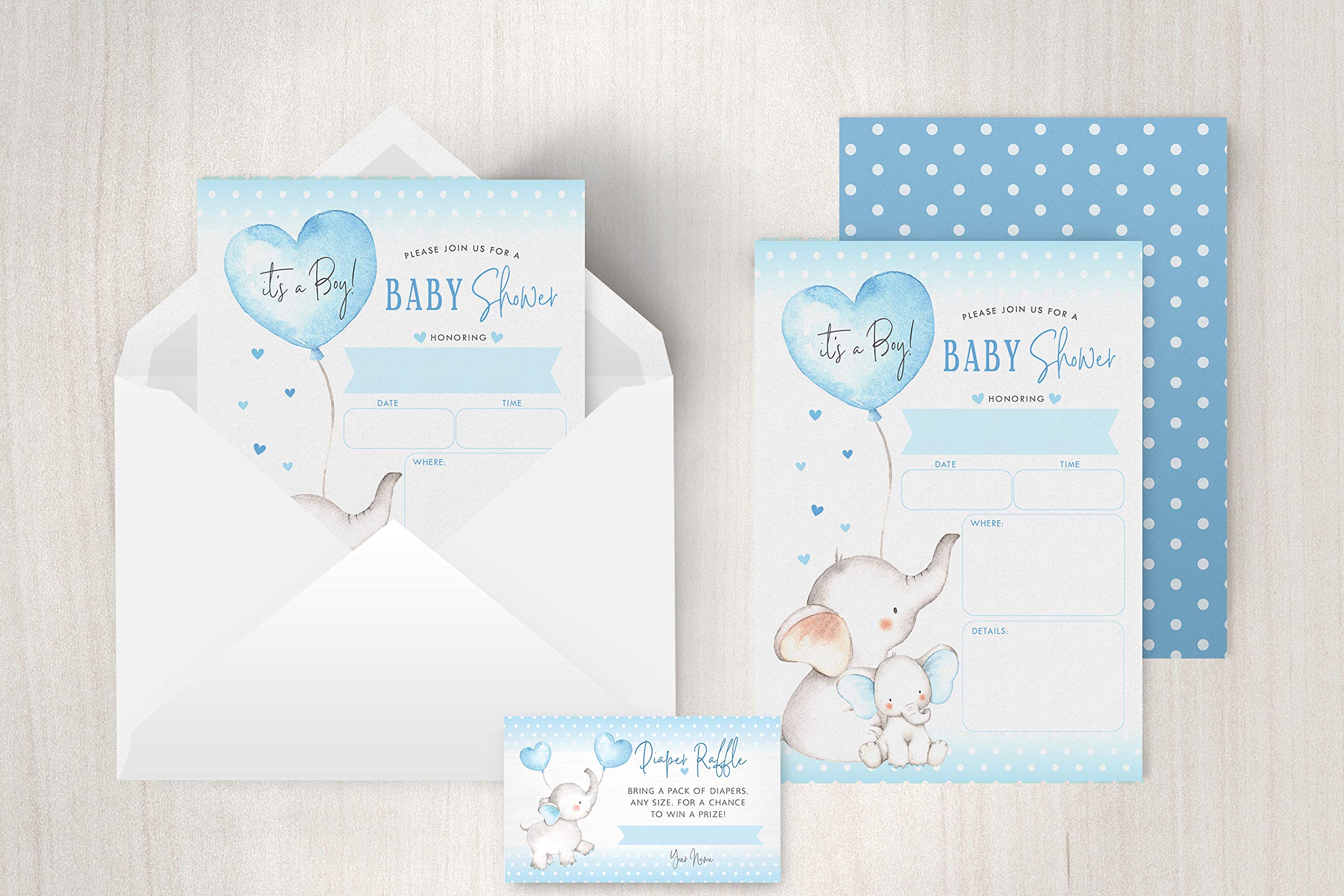 Your Main Event Prints Boy Elephant Baby Shower Invitations, Peanut Baby Shower Invites with Diaper Raffles Cards, Sprinkle, 20 Invites Including Envelopes