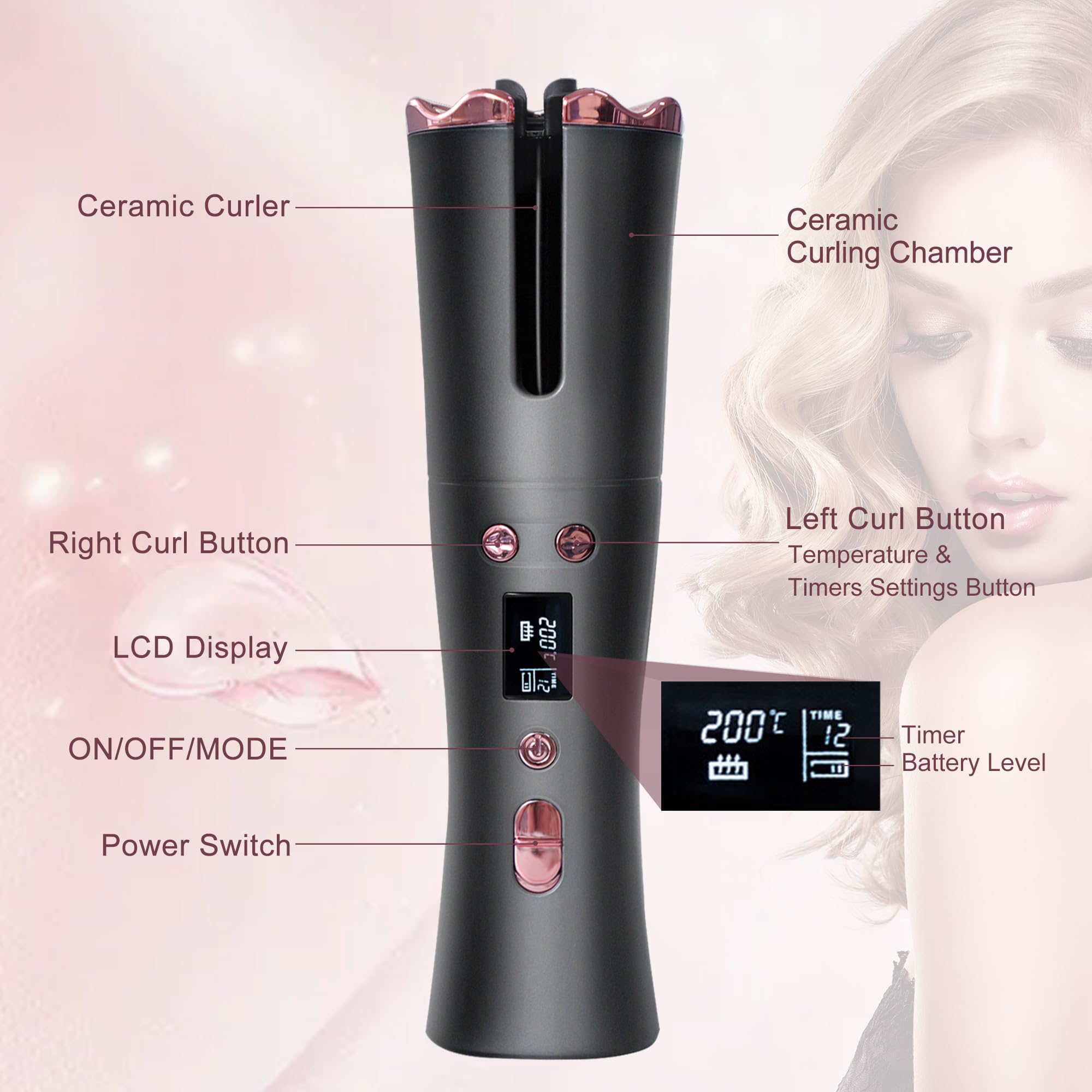 Yebicola Automatic Curling Iron, Cordless Curling Iron Automatic Hair Curler with 6 Temps & Timers, Auto Shut-Off Rechargeable, Ceramic Portable Curling Iron for Fine Medium Hair Mother's Day