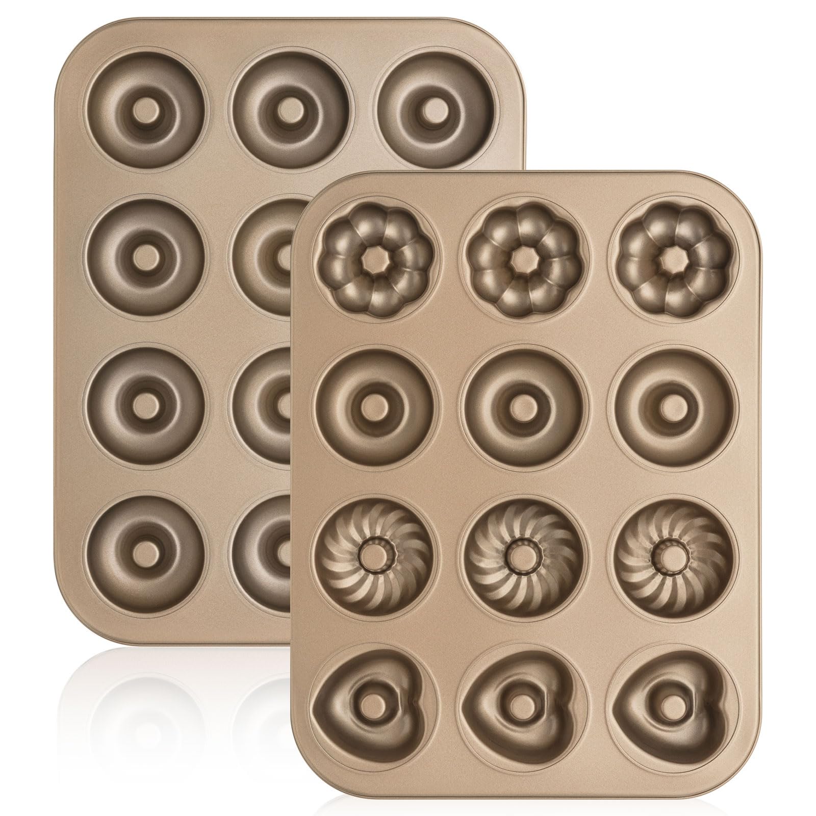 Zubebe Carbon Steel Donut Molds, 12 Cavity, Nonstick, 13.9 x 10.4 x 0.9 Inch, Champagne Gold