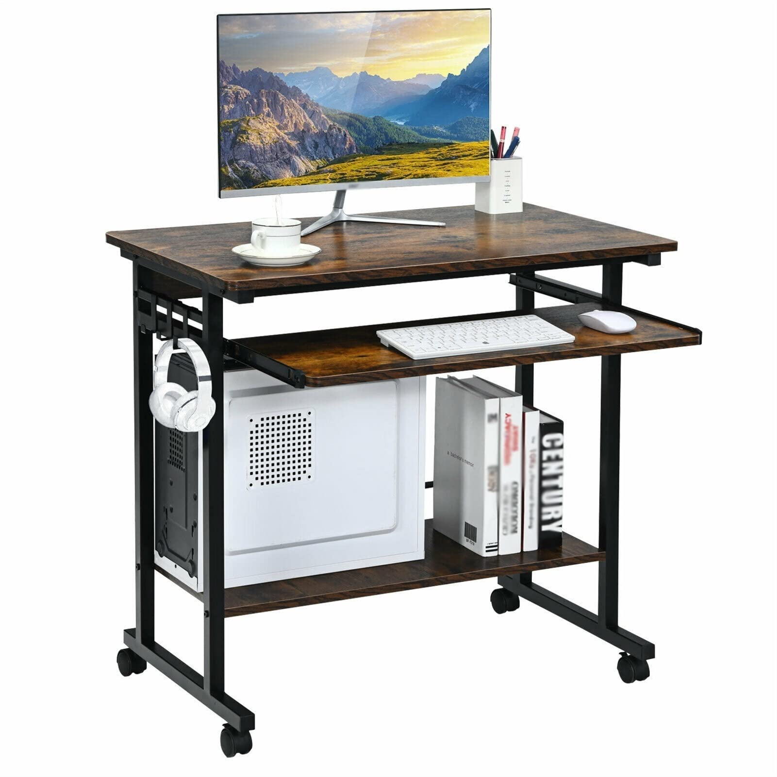 Writing Study Desk, Rustic Brown PC Desk Removable Laptop Cart Writing Desk Workstation with Pull-Out Keyboard Tray and Side Hooks, Stable Heavy Duty Steel Frame ,Computer Workstation for Home & Offic