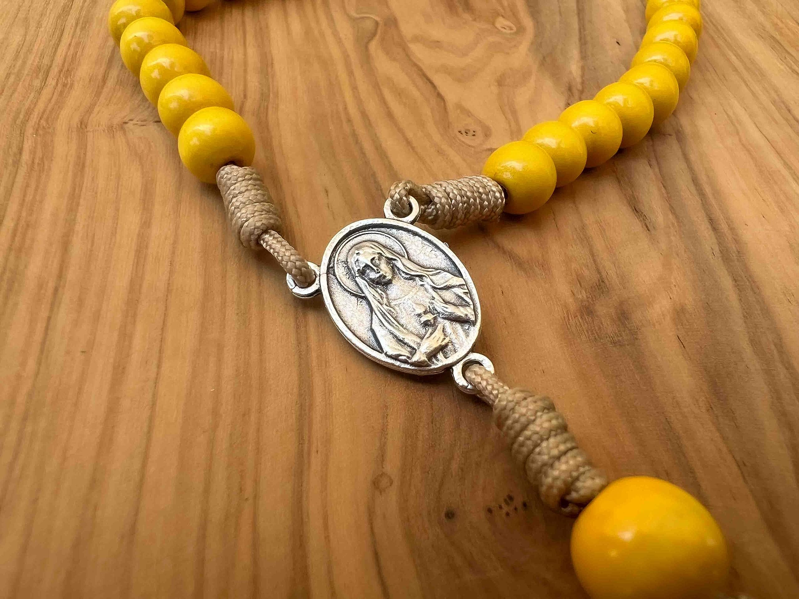 Yellow Wooden Prayer Beads Rosary With Pardon Crucifix Pendant Immaculate Heart Of Mary