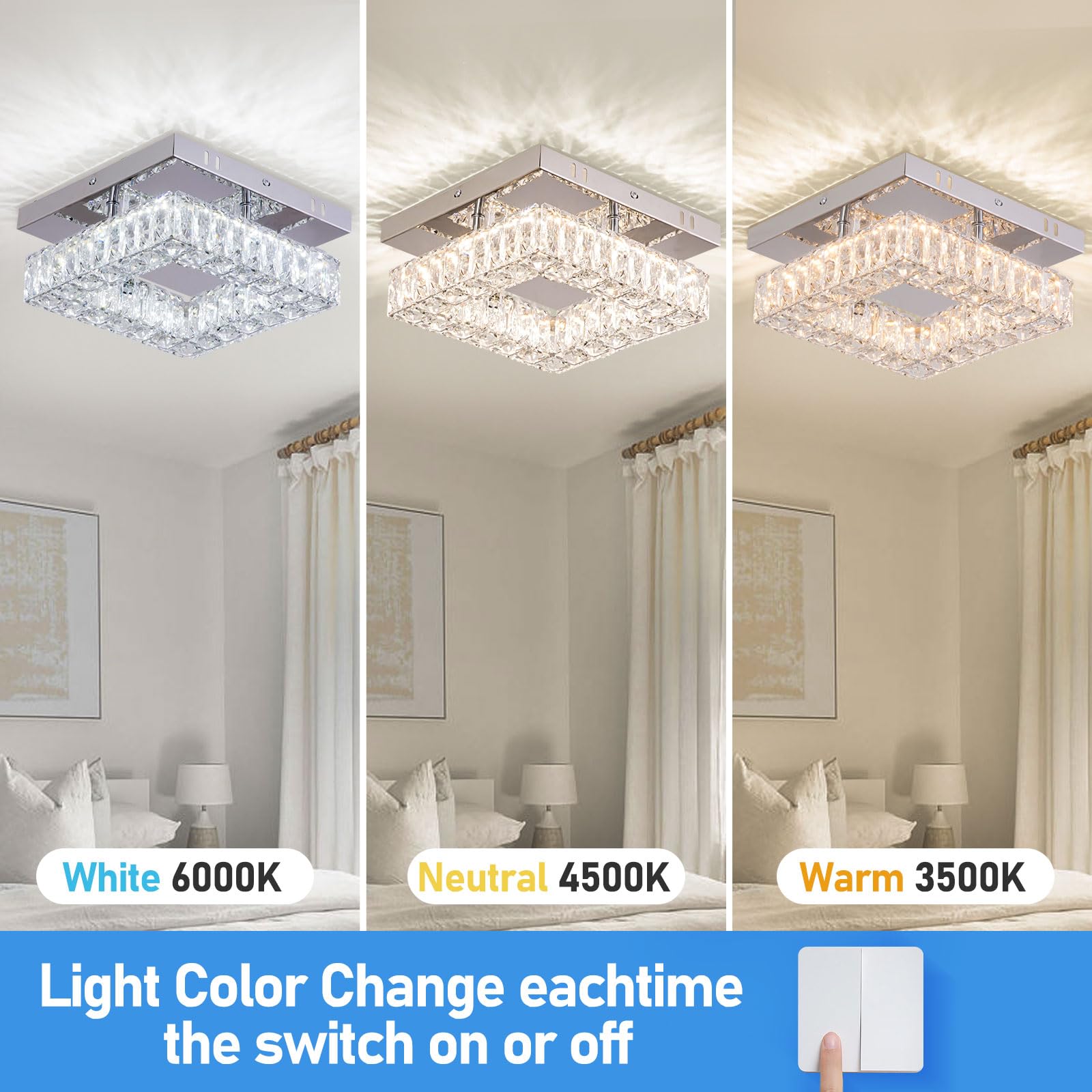 YPQXYHDA 9.8" Modern Crystal Ceiling Light Fixture Mini Square Chandelier Flush Mount Light Fixture Ceiling Lamp for Small Hallway Foyer Entryway Bedroom,3 Colors Adjustable