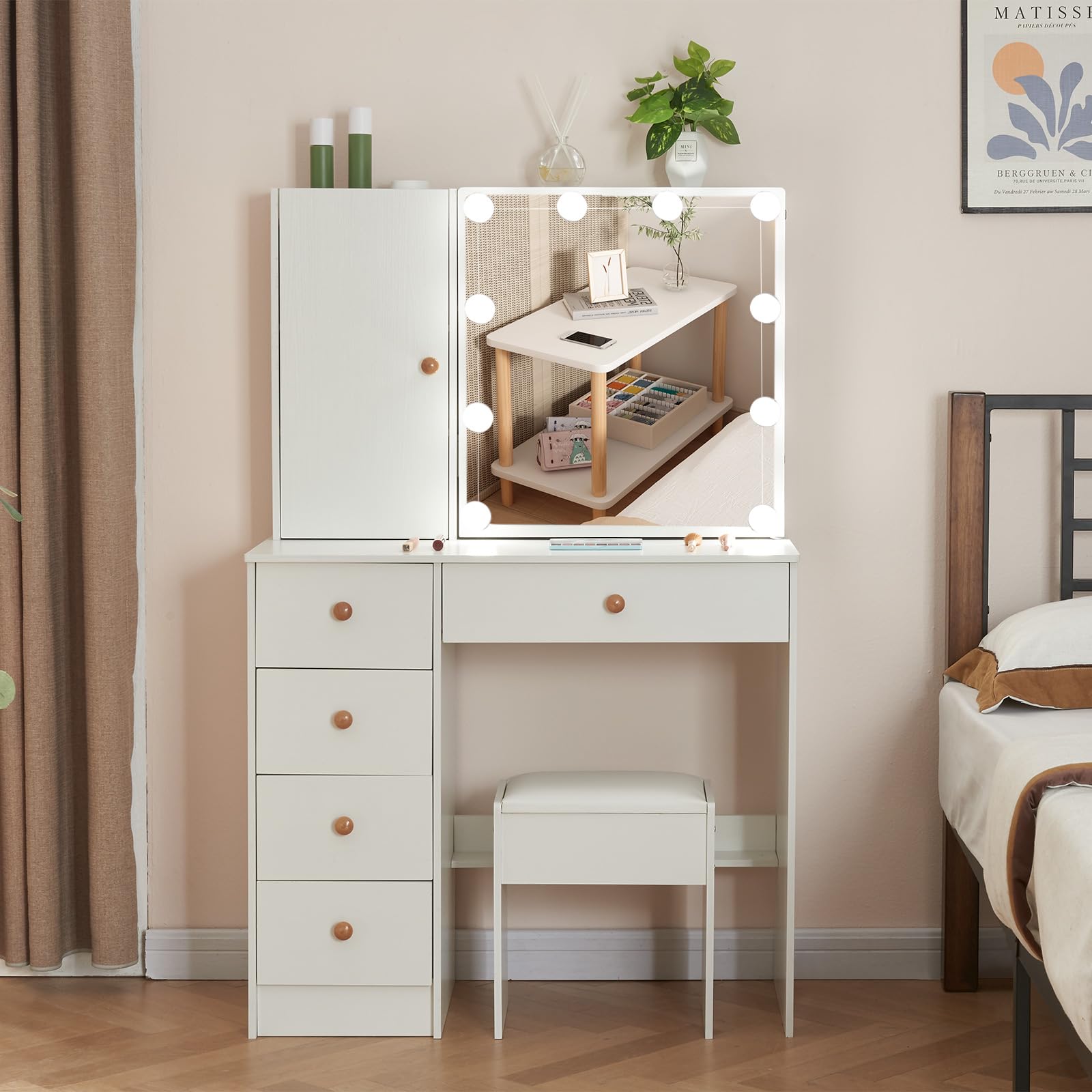 TOJUMP White Makeup Vanity with Lighted Mirror, Vanity Table with Storage Drawer, Dressing Table with Cushioned Stool and for Bedroom, Makeup Room (Modern D2)