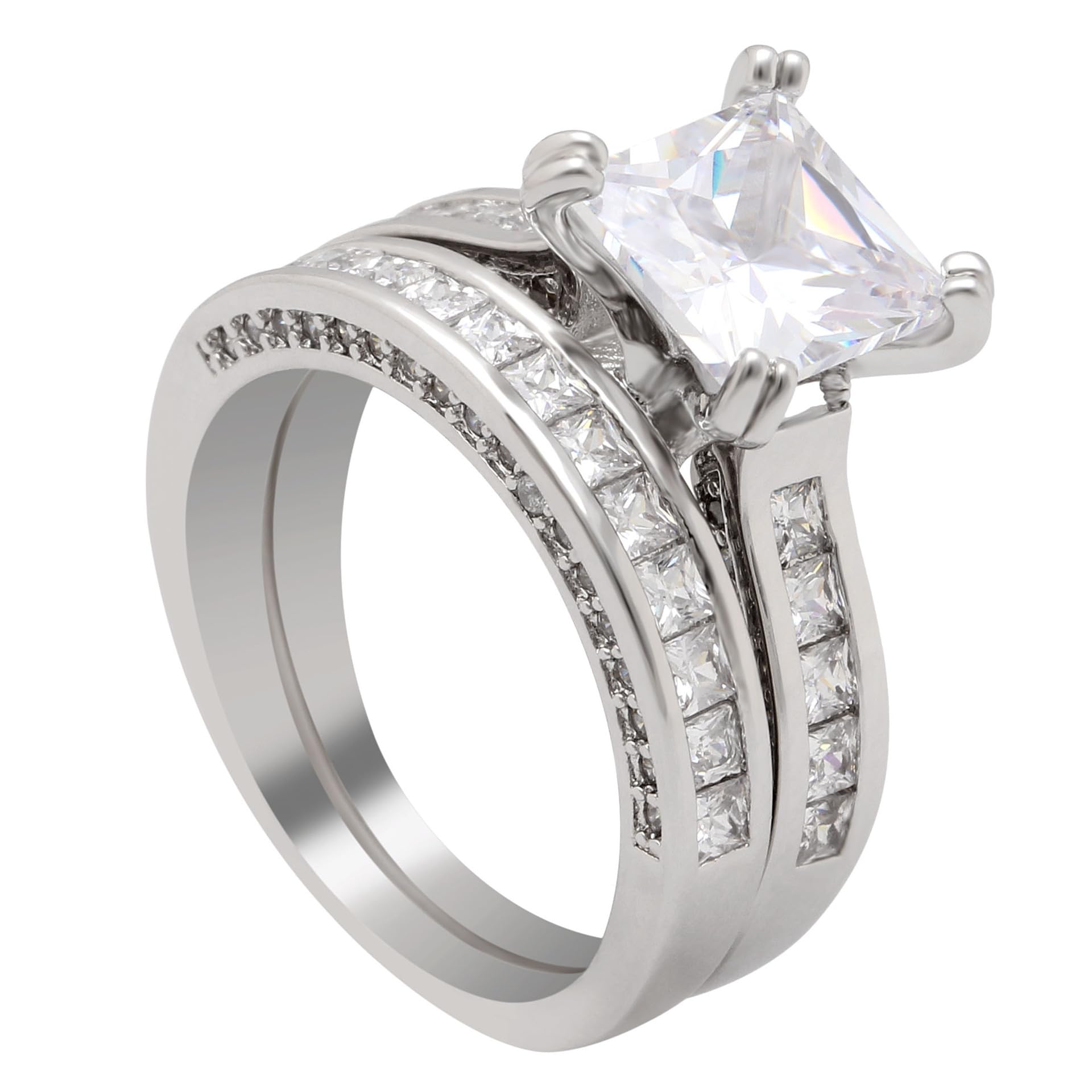 Zhiwen Lovely Ring -2-in-1 Womens Vintage Princess Cut Topaz Cz 10KT White Gold Filled White Diamond Silver Engagement Wedding Band Ring Set Size6-10 (US code 7)