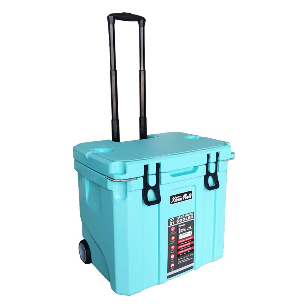 XtremepowerUS Portable 37 Quart Insulated Ice Chest Cooler Roto-Molded Bottle Opener Adjustble Telescoping Handles with Wheels, Aqua