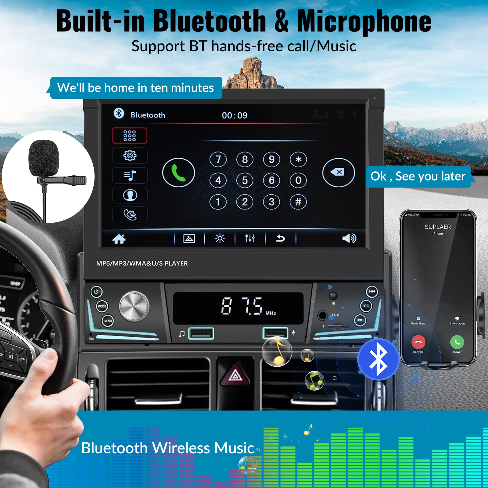UNITOPSCI Single Din Car Stereo Radio 7 Inch Flip Out Touch Screen Bluetooth Radio FM Car MP5 Player Mirror Link AUX/TF Card Input/Dual USB/Fast Charge SWC EQ with Backup Camera Remote Control Mic