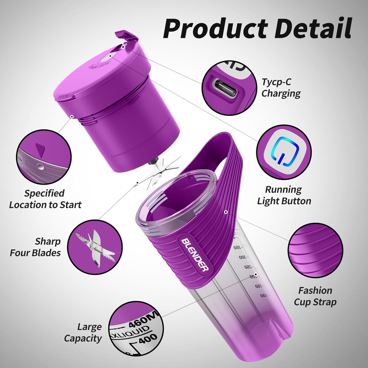 Xibonol Portable Blender, Blender for Shakes and Smoothies, 16 Oz Rechargeable Type-C Personal Blender, Mini Blender with Ultra Sharp Four Blades (Purple)