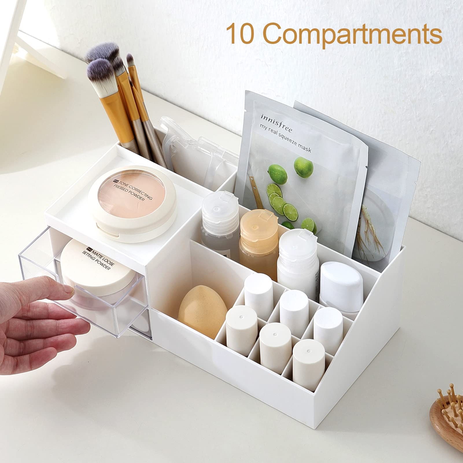 vibeross Makeup Organizer with 2 Drawers for Vanity, Desk Organizers 10 Compartments Bathroom Organizer Cosmetic Storage