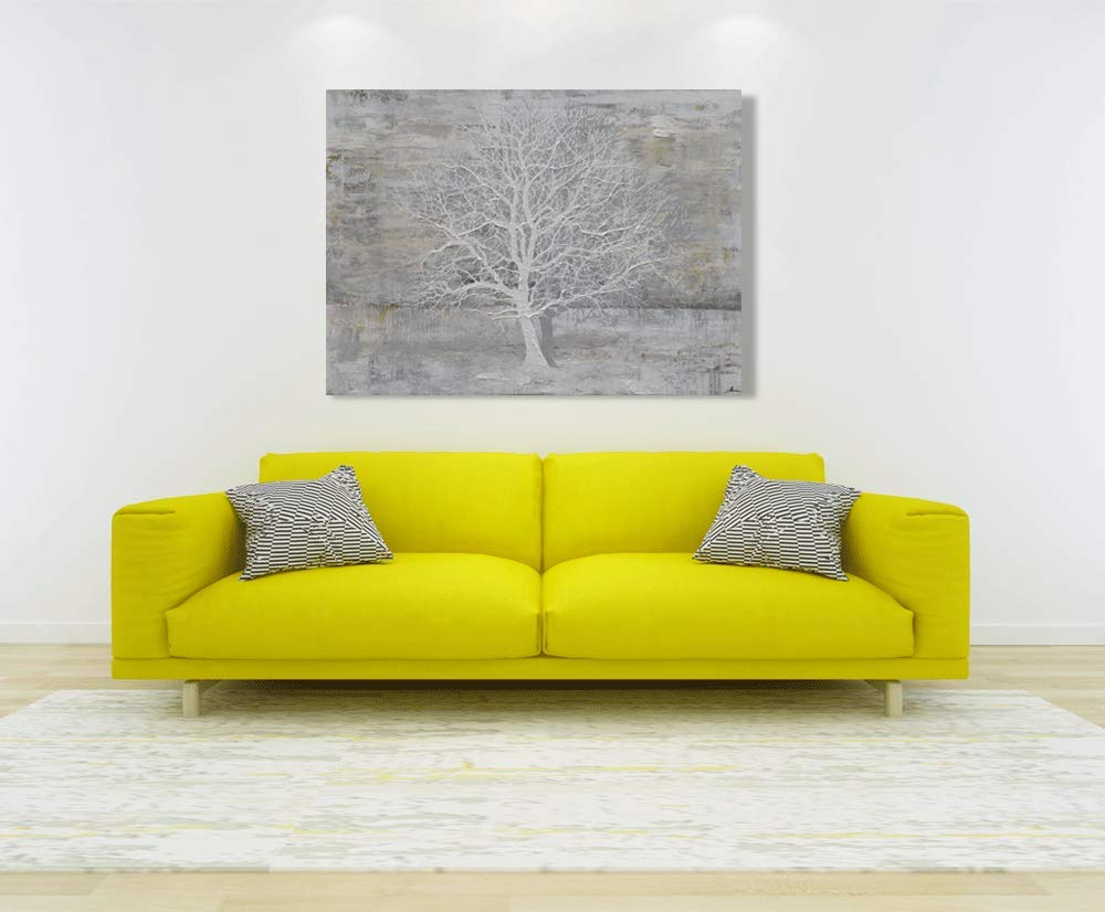 Yihui Arts Tree Of Life Canvas Wall Art Hand Painted Grey White Beige Paintings Modern Abstract Forest Pictures Artwork for Living Room Bedroom Office Decoration