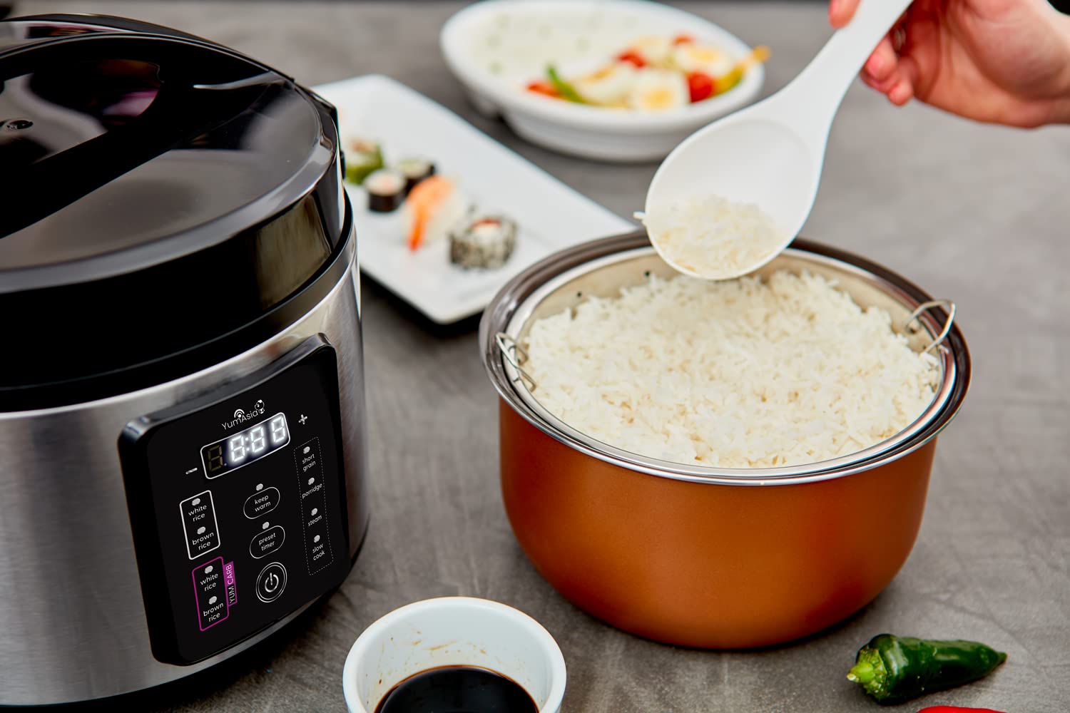 Yum Asia Kumo YumCarb Rice Cooker with Ceramic Bowl and Advanced Fuzzy Logic, (5.5 Cups, 1 Litre), 5 Rice Cooking Functions, 3 Multicooker Functions, 110V US Power (Light Stainless Steel)