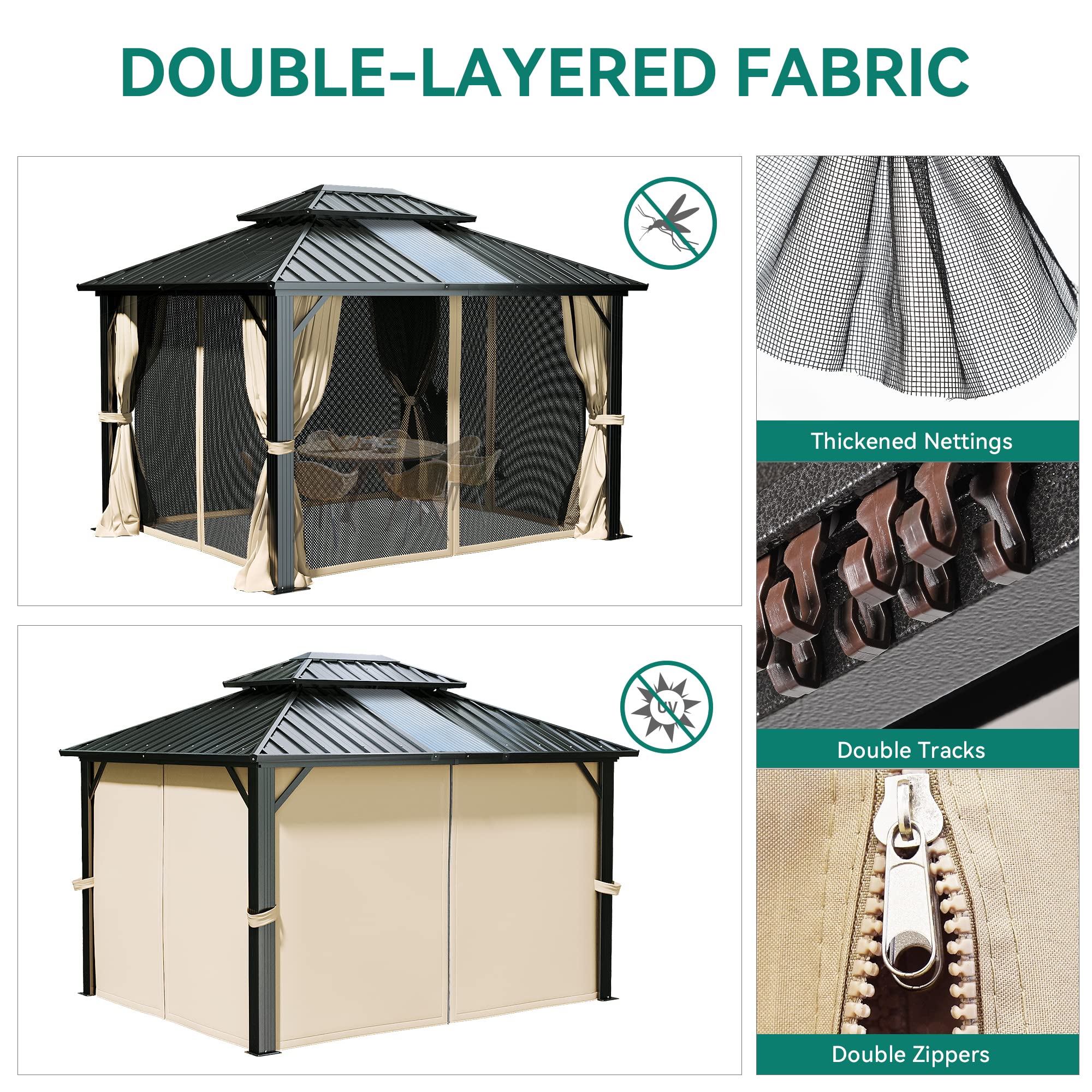 YITAHOME 10x12FT Gazebo Double Roof Skylight Canopy Galvanized Iron Hardtop with Netting and Curtains Outdoor Aluminum Frame Garden Tent for Patio, Backyard, Deck and Lawns