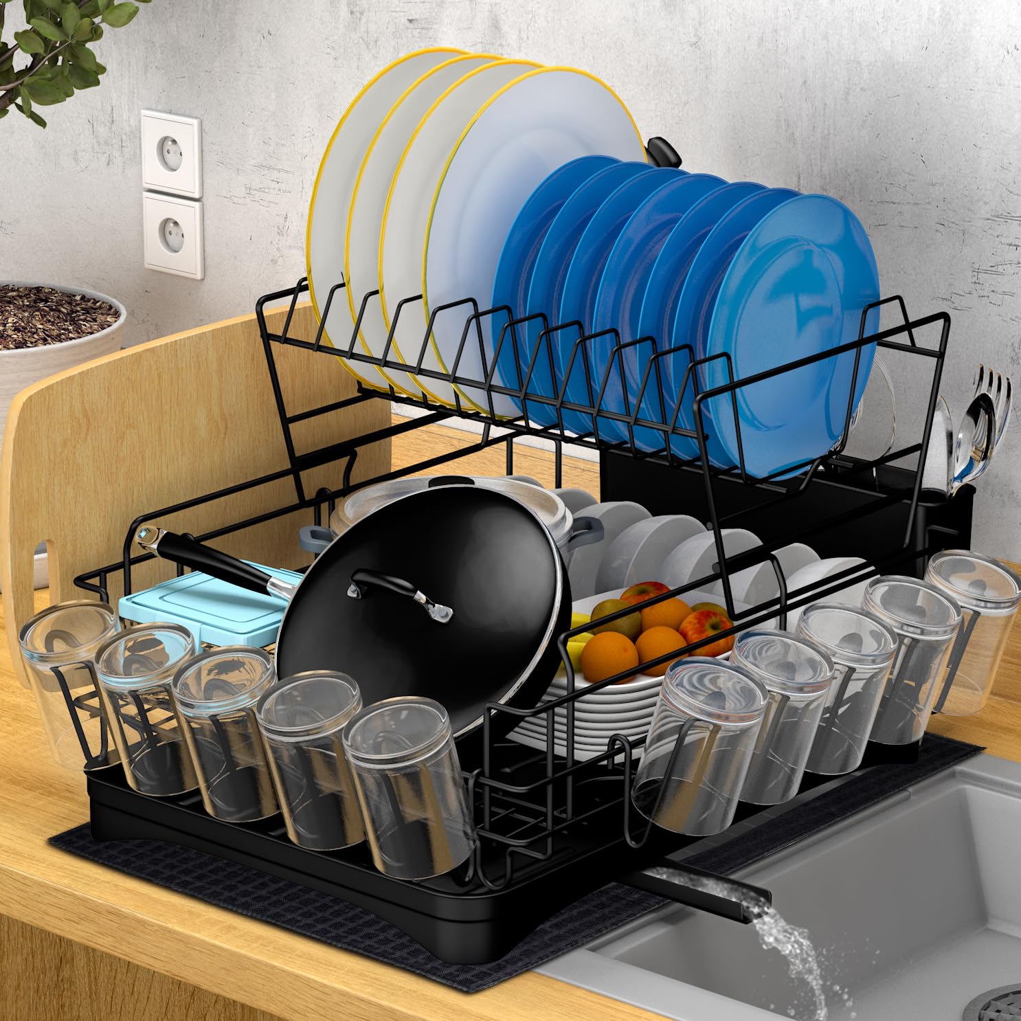 Yilingchild Dish Drying Rack, 2-Tier Dish Rack for Kitchen Counter,Large Dish Strainers with Drainboard , Dish Drainers with 2 Cup Holder, Extra Drying Mat,Black Utensil Holder