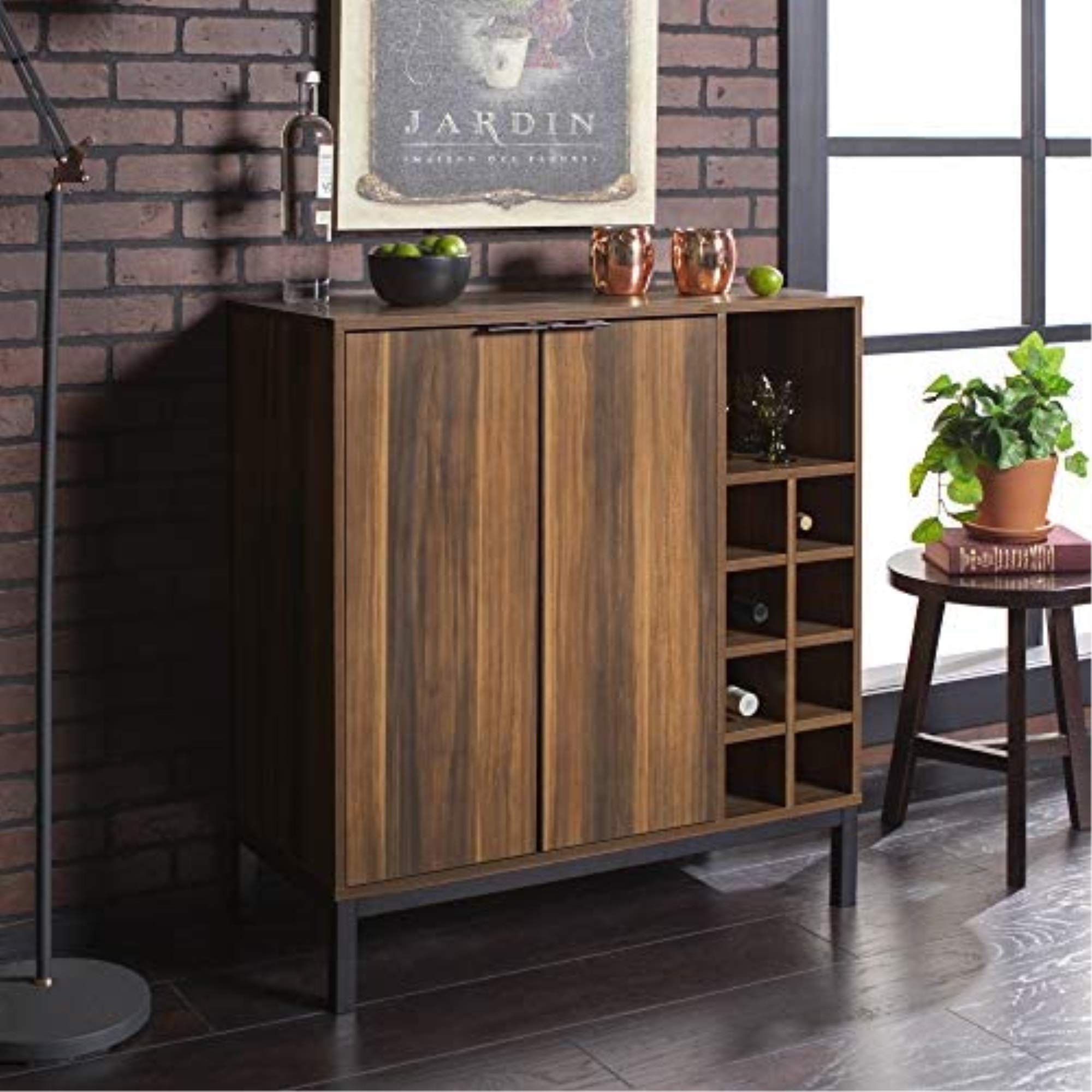 Walker Edison Mid-Century Modern Wood Kitchen Buffet Sideboard-Entryway Serving Storage Cabinet Doors-Dining Room Console, 34 Inch, Dark Walnut