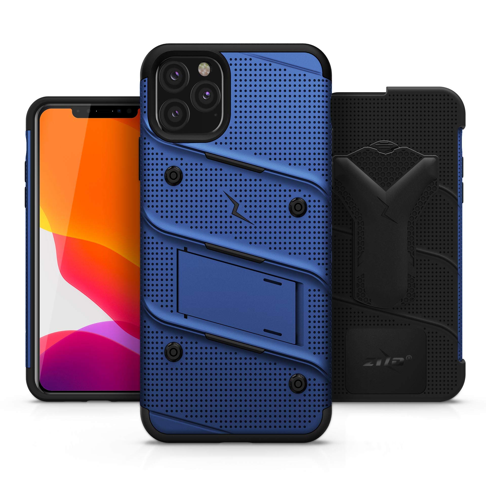ZIZO Bolt Series iPhone 11 Pro Max Case - Heavy-Duty Military-Grade Drop Protection w/Kickstand Included Belt Clip Holster Tempered Glass Lanyard - Blue