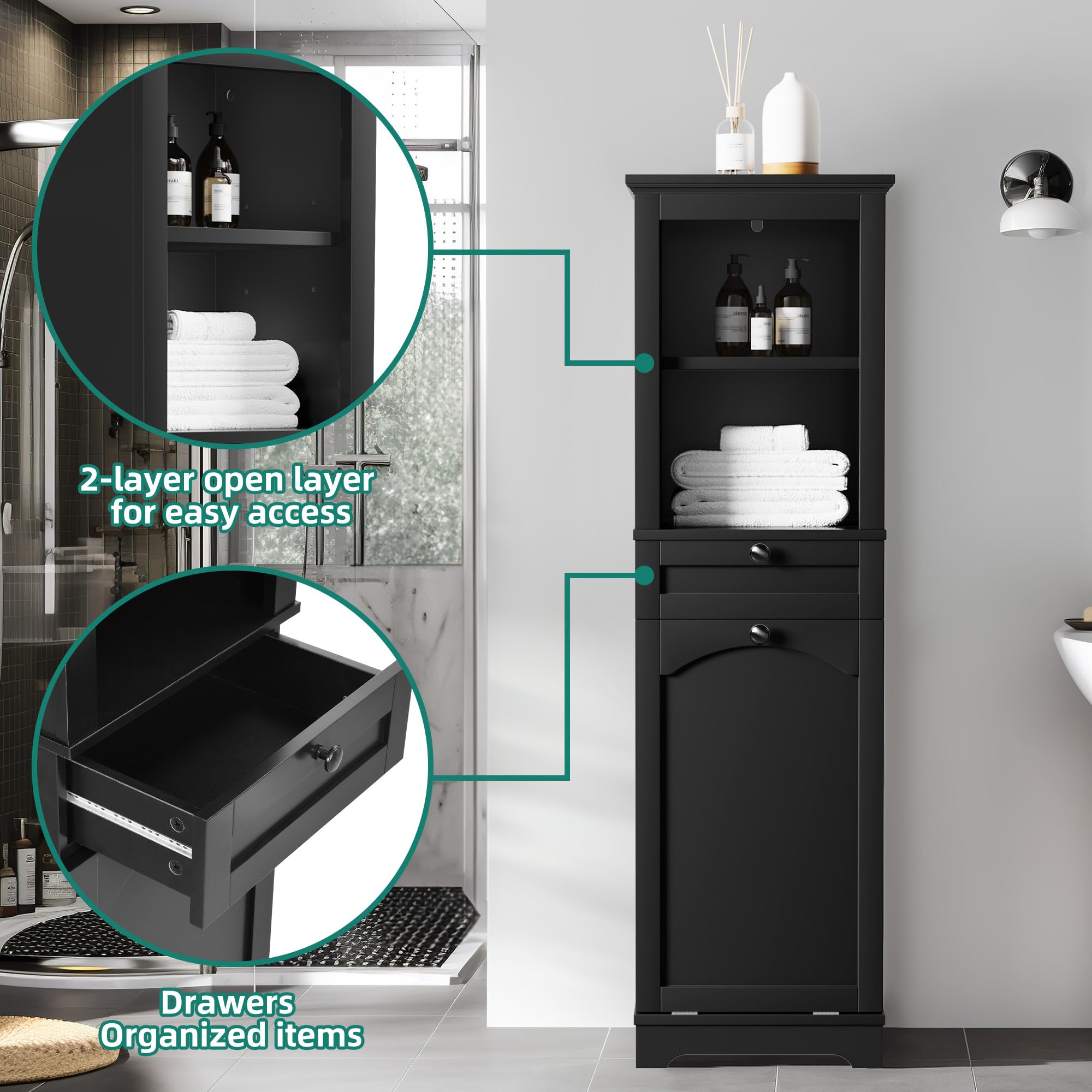 YITAHOME 53" Tall Tilt Out Laundry Hamper Cabinet Hidden Laundry Hamper with Storage Laundry Basket Cabinet with Drawer Bathroom Storage Cabinet Shelf with a Clothes Basket, Black