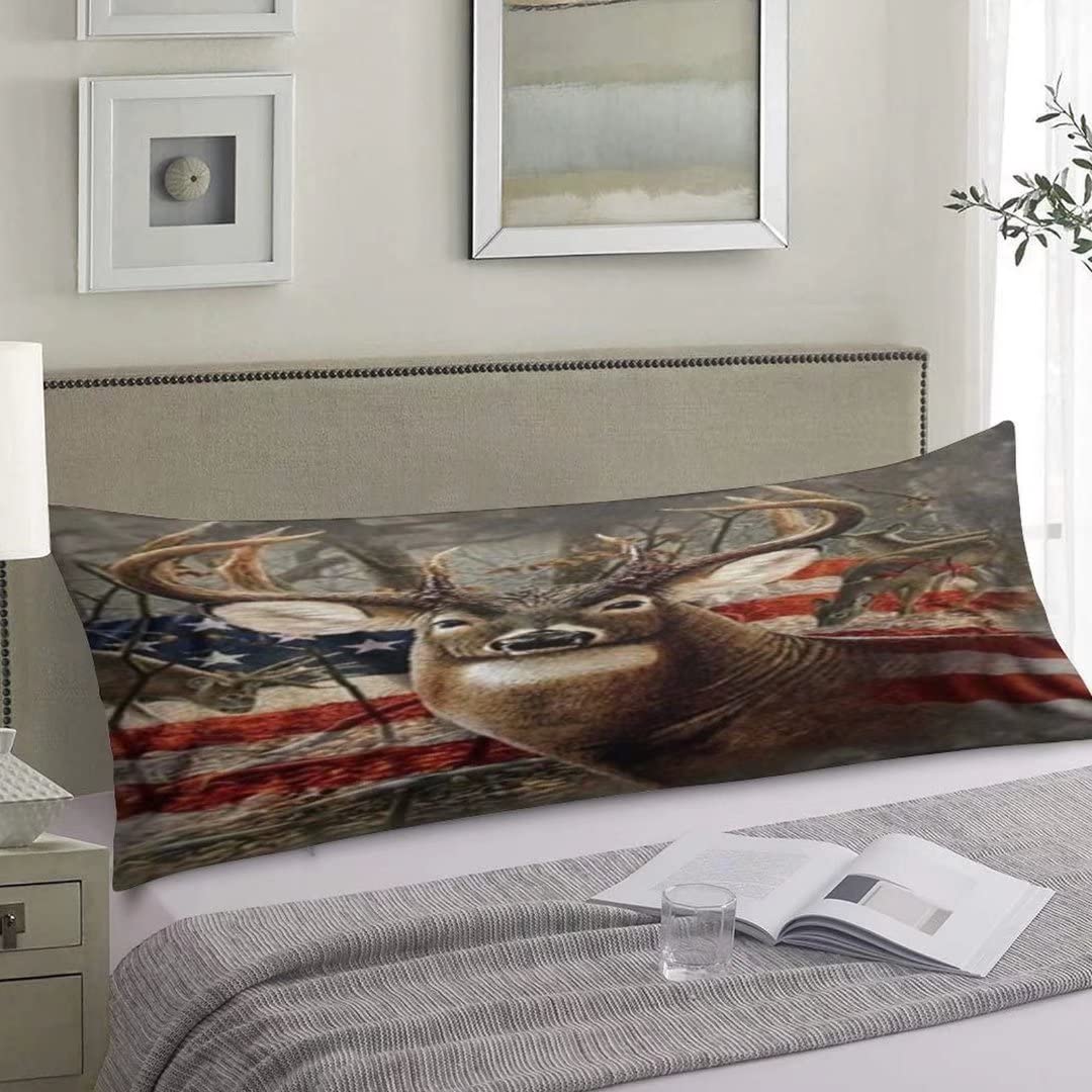 US Flag with Deer Forest Body Pillow Cover Americana Flags Deer Elk Animal Long Pillow Case Protector With Zipper Rectangle Soft Large Pillow Cases Covers For Bedding,Couch,Sofa,Home Gift 20"x54"
