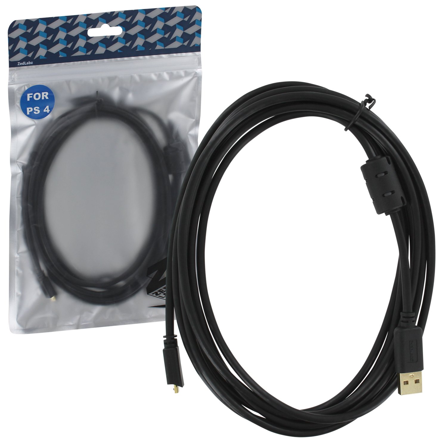 ZedLabz 3M charging cable for Sony PS4 controllers - gold plated extra long micro USB charger play cable lead for with friction locking connector - [Sony PlayStation 4]