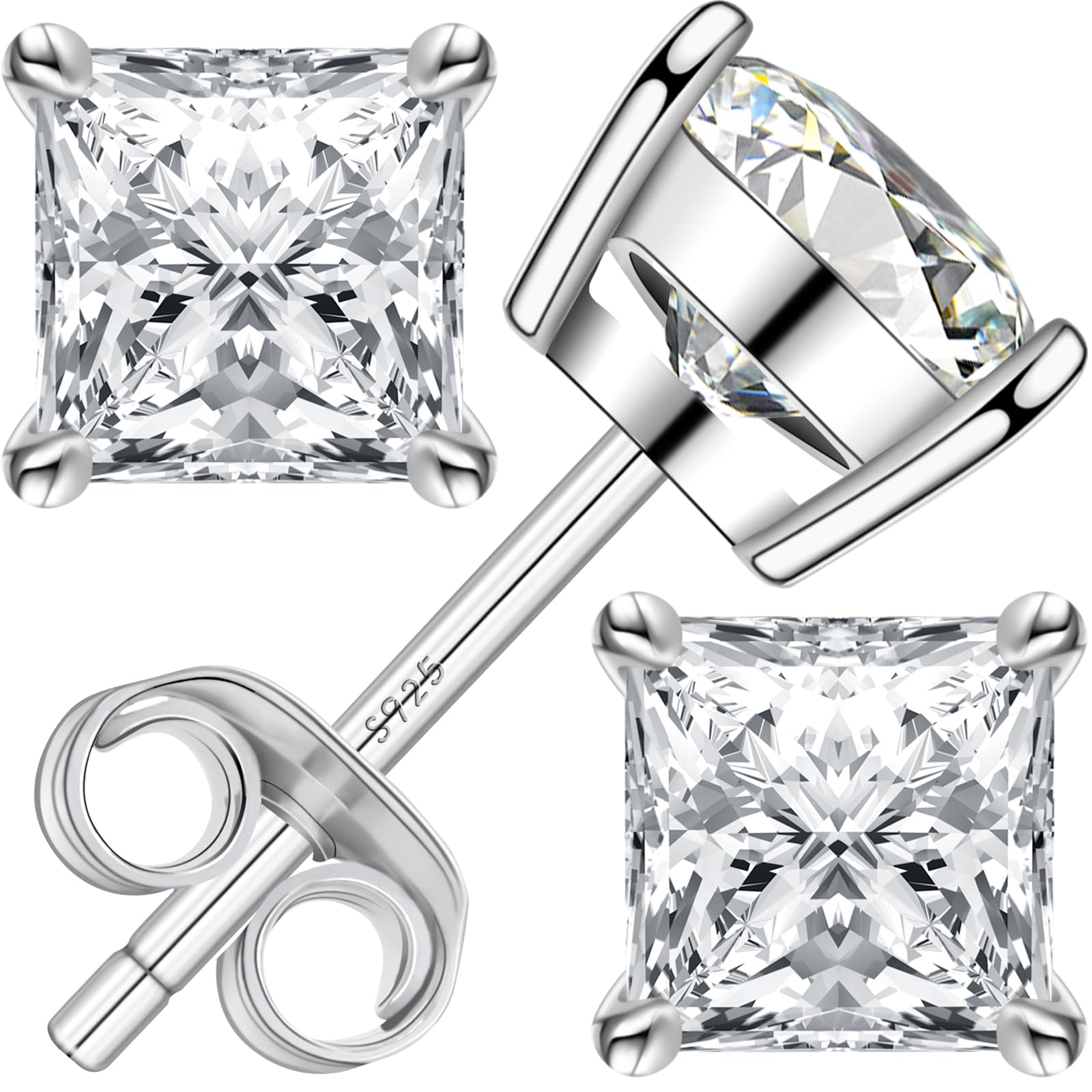 Tunzug Princess Square Moissanite Diamond Stud Earrings D Color VVS1 Clarity Lab Made Diamond Stud Earrings 18K White Gold Plated 925 Sterling Silver Friction Back Earrings for Women