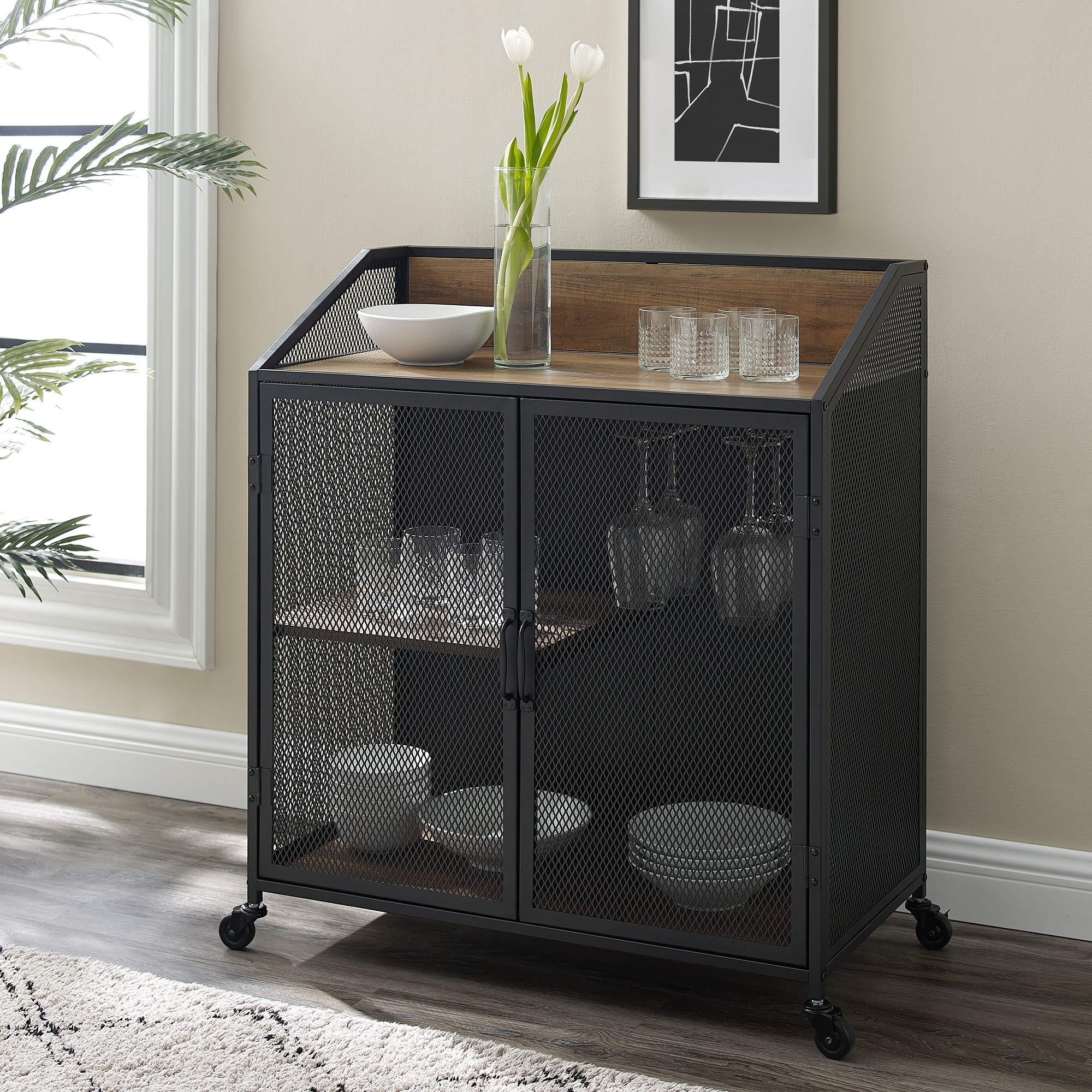 Walker Edison Malcomb Industrial Metal Mesh 2 Door Storage Cabinet , 30 Inch, Rustic Oak