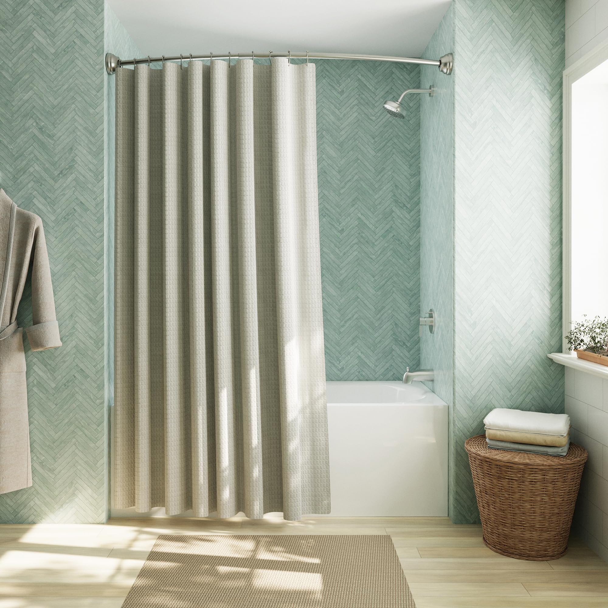 Zenna Home TENSION Rustproof Curved Shower Curtain Rod, NO DRILLING Adjustable Shower Rod, 50" to 72", Expandable, Telescoping, NeverRust, Satin Nickel