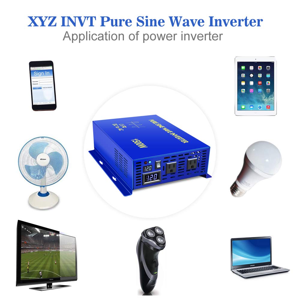 XYZ INVT Pure Sine Wave Inverter - 1500W Power Convert12v dc to 110v ac at 60hz for Solar System (1500w/12v)