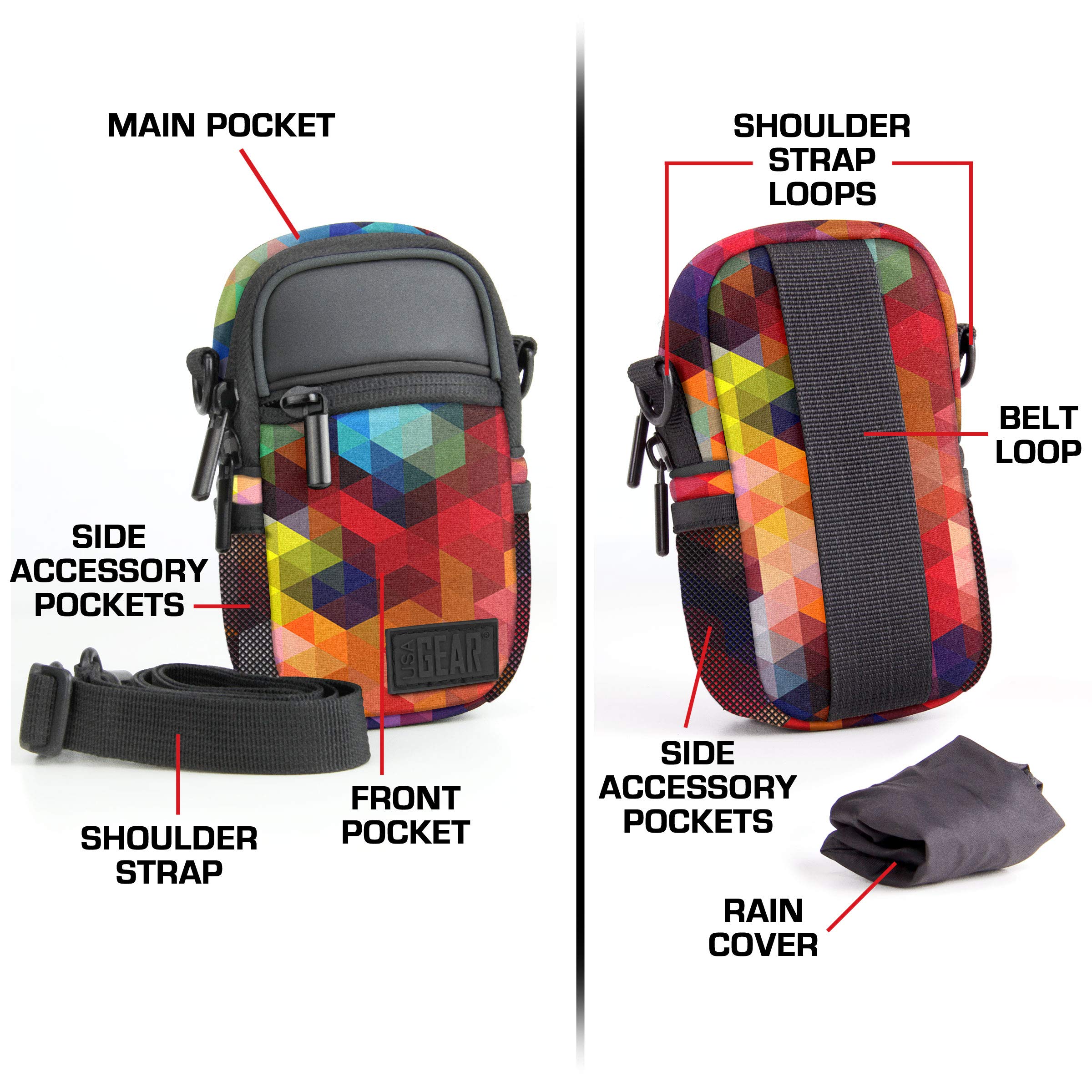 USA GEAR Compact Point and Shoot Camera Case Small Digital Camera Bag with Accessory Pockets and Shoulder Strap - Compatible with Sony CyberShot, Canon G7X Mark iii, Nikon COOLPIX and More (Geometric)