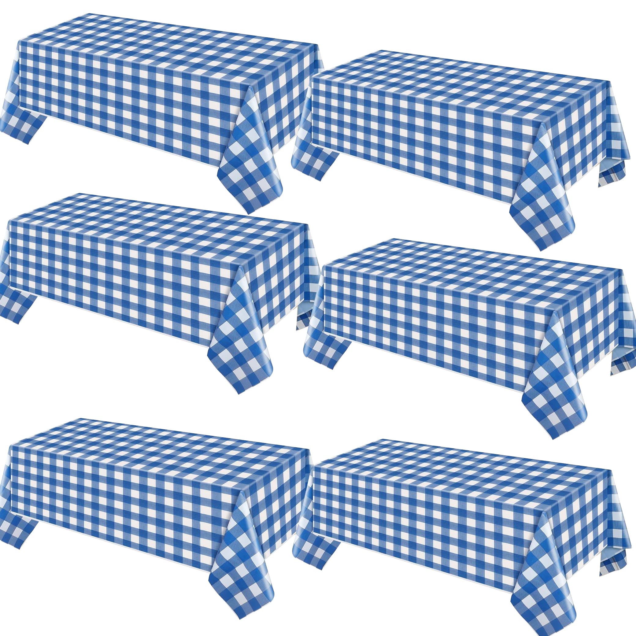 ZZJ 6 Packs Blue White Gingham Rectangular Waterproof Tablecloth 54X108Inch Disposable Plastic Table Cover for Picnic Barbecue Kitchen Holiday Birthday Party (Blue/White Gingham)