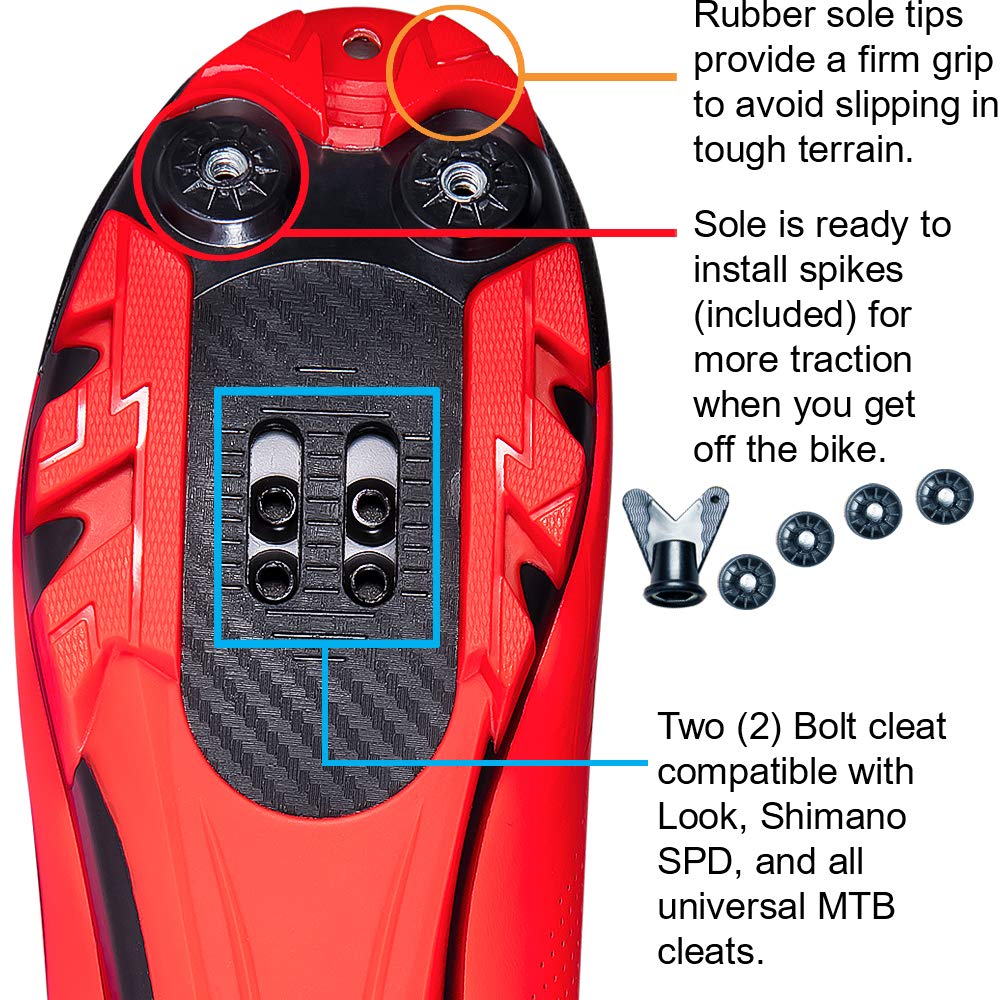 Zol Raptor MTB and Indoor Cycling Shoes with Pedals and Cleats (9 Medium, Red)