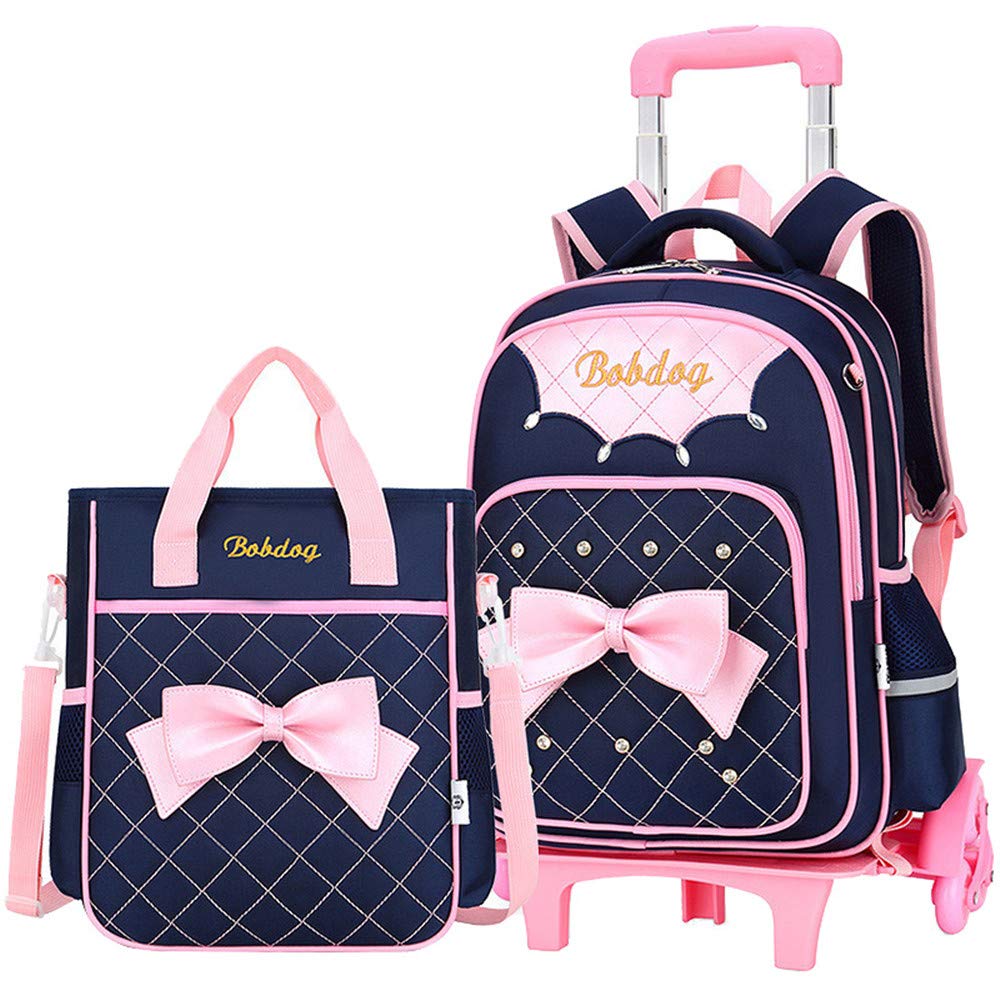 VIDOSCLA 2Pcs Cute Print Bowknot Trolley Backpack Elementary Middle School Rolling Bag Wheeled BookBag for Kids Girls