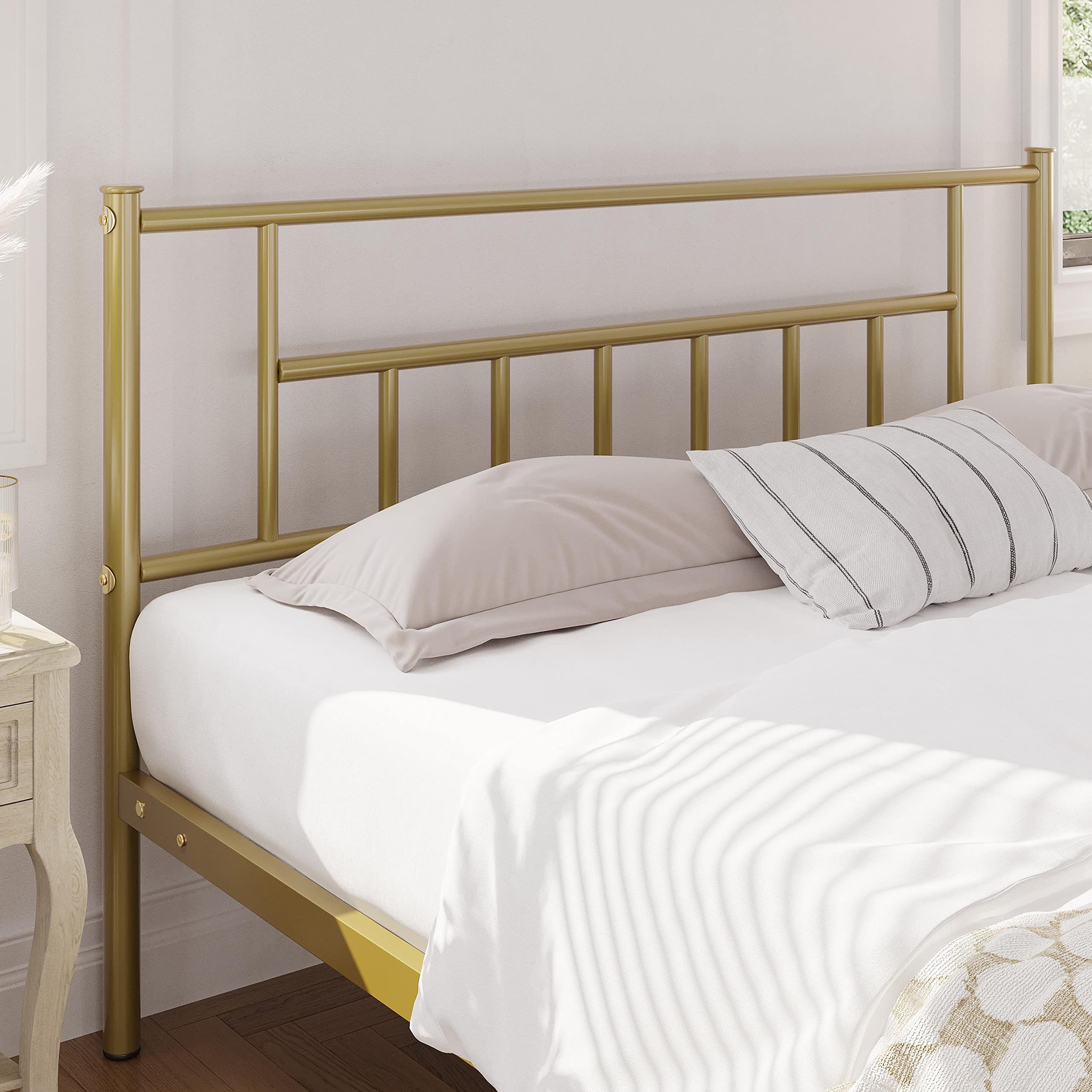 Yaheetech 13 inch Queen Size Metal Bed Frame with Headboard and Footboard Platform Bed Frame with Storage No Box Spring Needed Mattress Foundation Antique Gold
