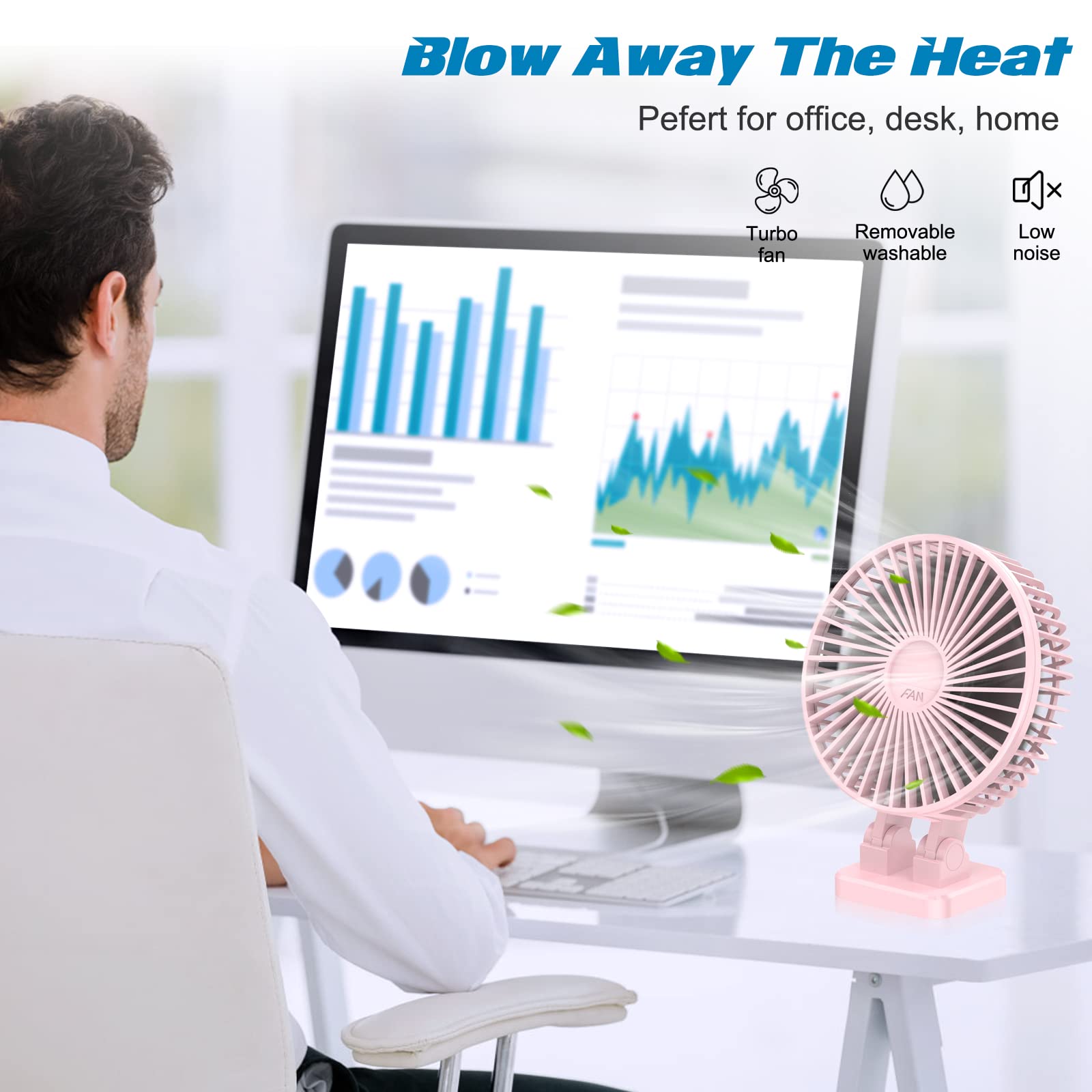 USB Fan for Desk, Mini Desk Fan, 3 speed in Single Button, Rotation Strong Wind Desktop Cooling Fan, Quite Mini Personal Fan for Home Office Table, 5inch (Pink)
