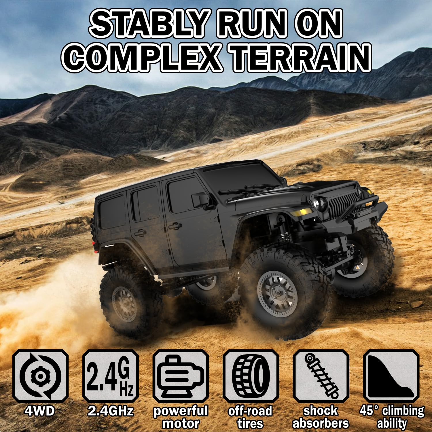 TOPMINO 4x4 Off Road RC Monster Truck with Bright Headlights, 2 Batteries, Waterproof - Climbing Remote Control Car for Kids, Black