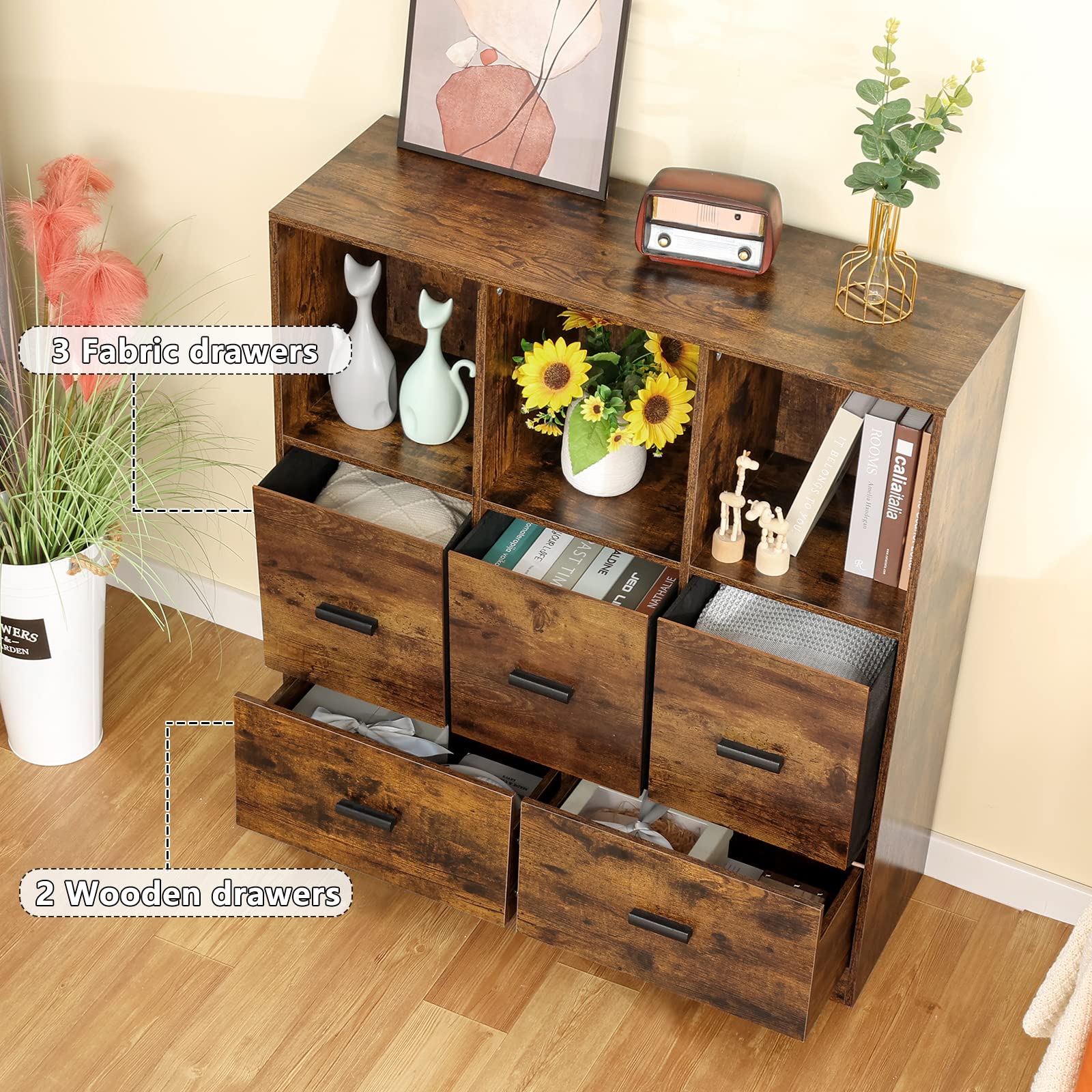 usikey Large Storage Cabinet with 5 Drawers, Wooden of Floor Cabinet with 6 Compartments, Living Room, Entryway, Rustic Brown