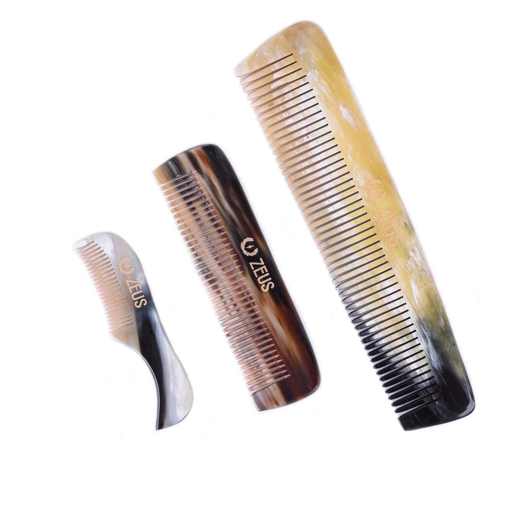 ZEUS Handmade Anti-Static Natural Horn Comb Set for Mustache, Beard, and Hair - Best 3 Piece Set - Medium and Fine Teeth