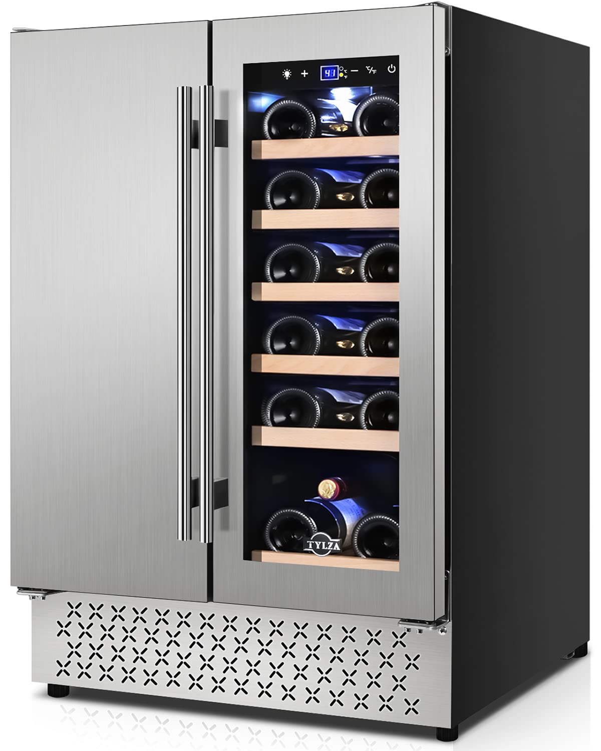 Tylza Wine and Beverage Refrigerator, 24 inch Dual Zone Wine Beverage Cooler Built-in and Freestanding, with Seamless Stainless Steel Door Quick Cooling Under Counter Beer Wine refrigerator TYBC120-2