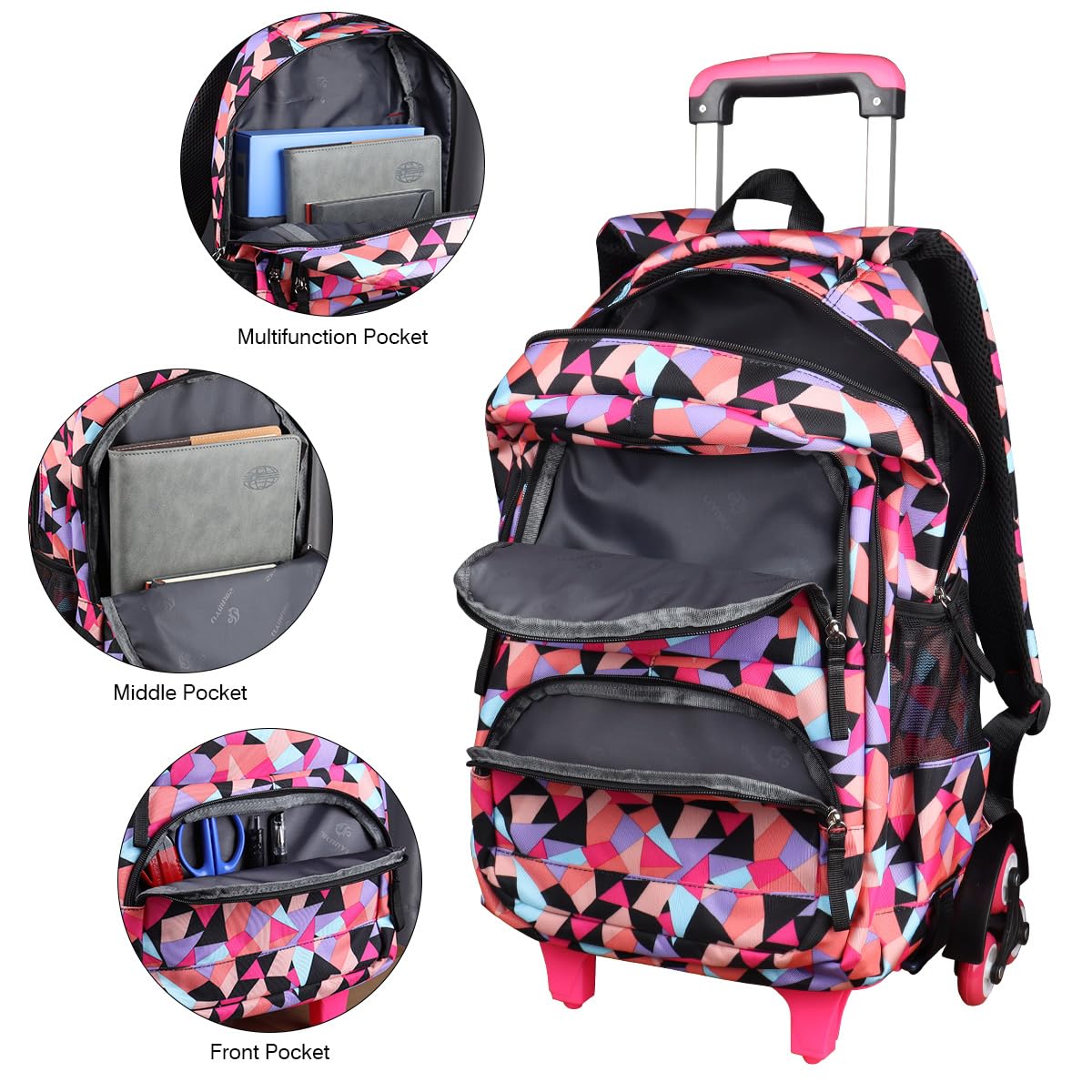 VILINKOU Rolling Backpack for Girls Trolley School Bag Wheels Backpack Luggage Waterproof Climbing Stairs (Rose Red with Six Wheels)
