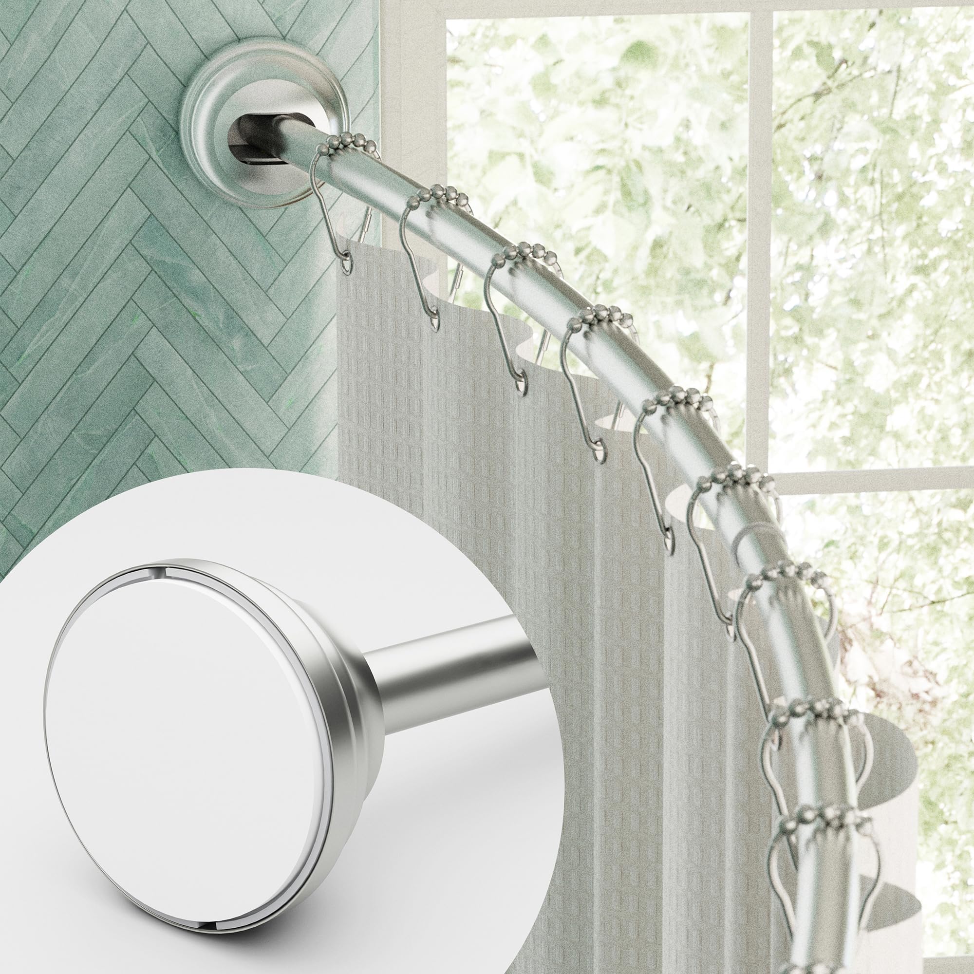 Zenna Home TENSION Rustproof Curved Shower Curtain Rod, NO DRILLING Adjustable Shower Rod, 50" to 72", Expandable, Telescoping, NeverRust, Satin Nickel