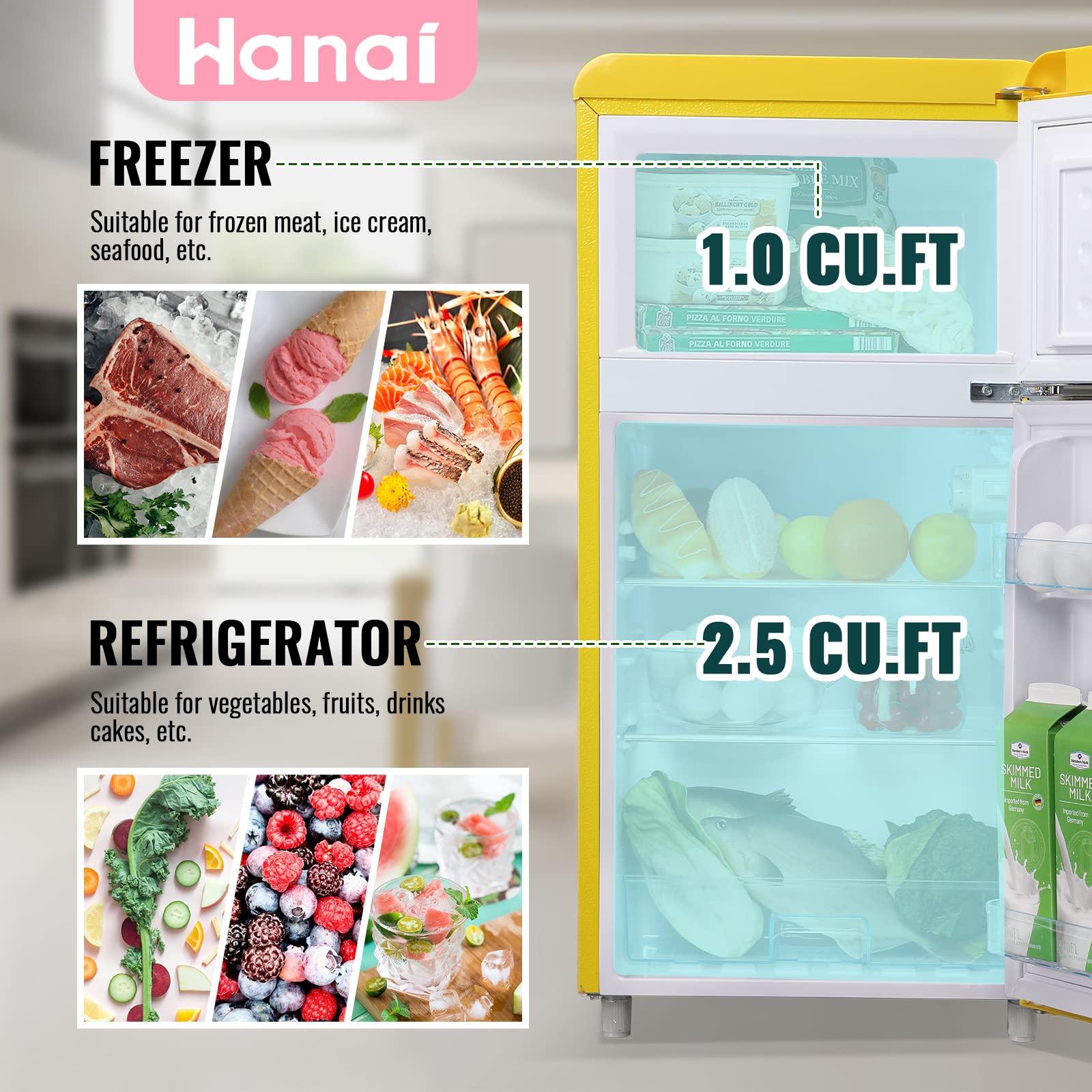 WANAI 3.5 Cu.ft Compact Refrigerators Mini Fridge with Freezer Yellow Small Fridge Dual Door Classic Retro Refrigerator Removable Glass Shelves Adjustable Thermostat for Home Office Dorm RV