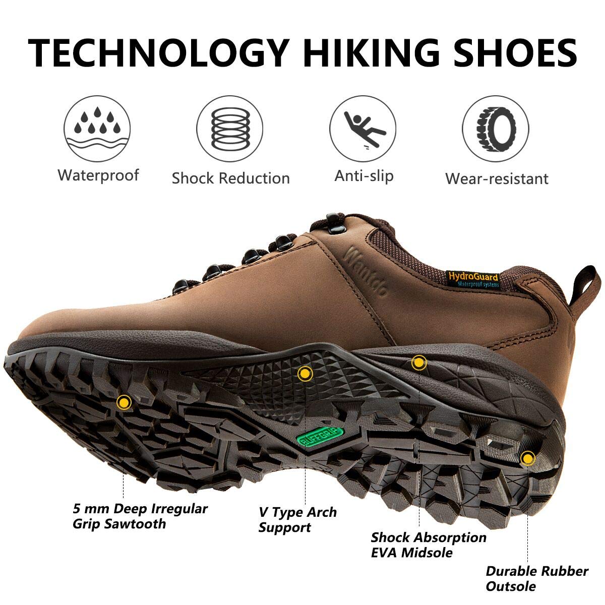 wantdo Men's Waterproof Hiking Shoes Low Cut Hiking Work Construction Boots Outdoor Mountaineering Backpacking Shoes Brown
