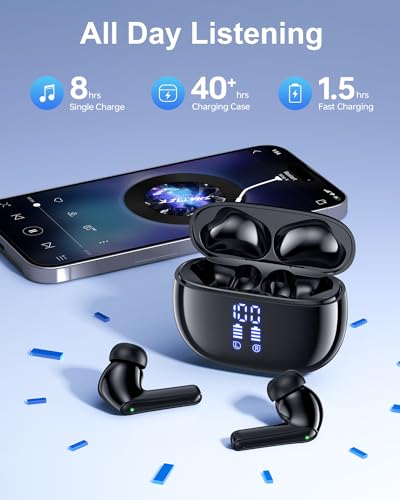 YAQ Wireless Earbuds Bluetooth Headphones, 40H Playtime Stereo IPX5 Waterproof Ear Buds, LED Power Display Cordless in-Ear Earphones with Microphone for iOS Android Cell Phone Sports