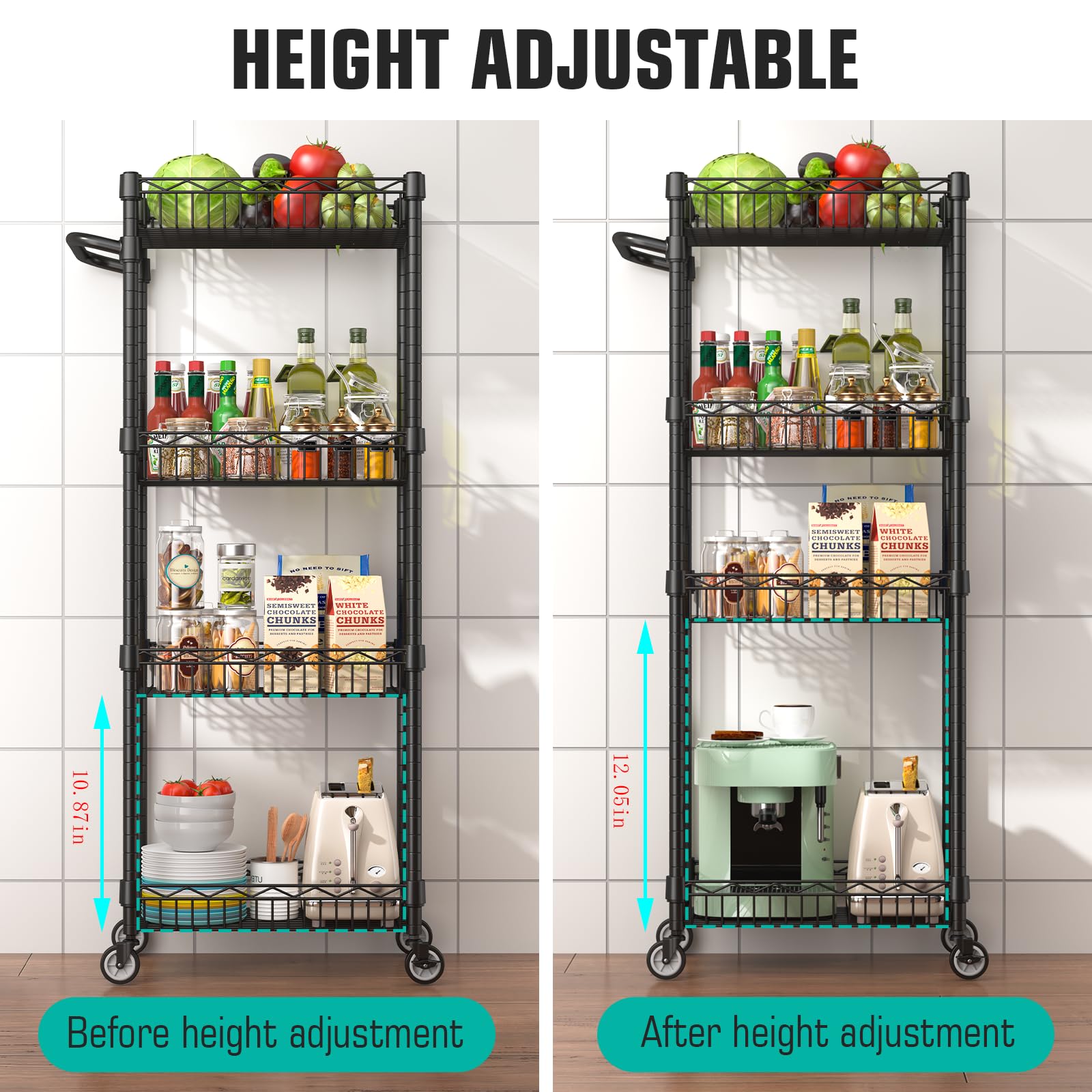 YASONIC 4-Tier Rolling Cart, Rolling Cart with Wheels, Rolling Cart Organizer with Handle, Metal Rolling Cart, Multifunctional Rolling Storage Cart, Kitchen Storage Cart, Black