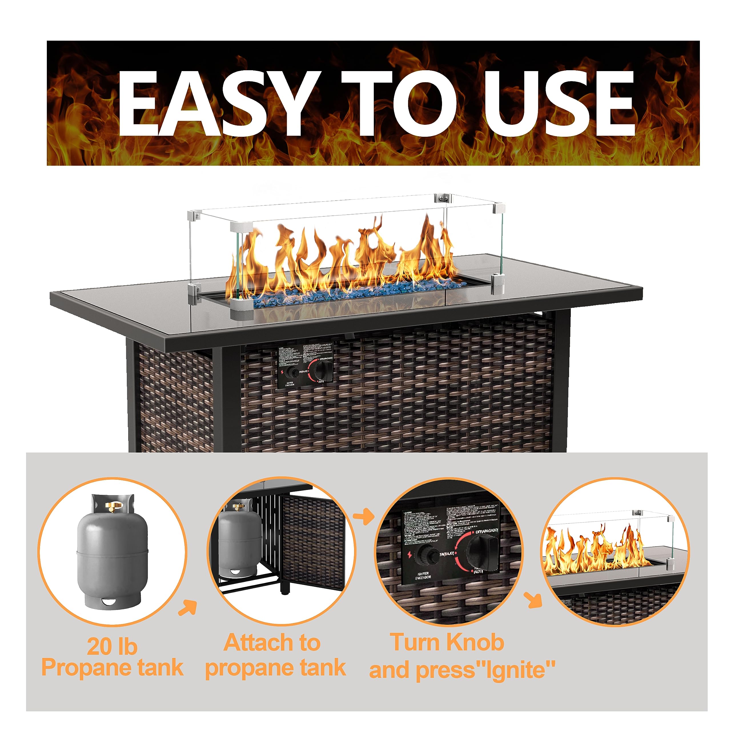 ZJEYEJZ 43 inch Propane Gas Fire Pit Table 55,000 BTU CAS Certification Rectangle Firepit Table with Tempered Glass Desktop Glass Cover, Lid and Glass Stone (Rattan)