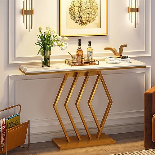 Tribesigns Gold Console Table, 47 Inch Faux Marble White Entryway Sofa Table with Geometric Base, Modern Narrow Accent Table Behind Couch for Living Room, Hallway, Foyer, Entrance