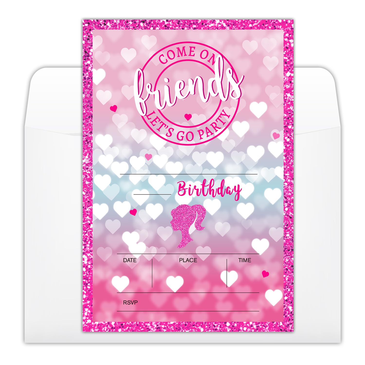 YUEXLL Let's Go Girls Theme Birthday Party Invitations Cards, Pink Doll Theme Birthday Celebration Supplies, Double-sided Fill-in birthday Invites for Boys Girls - C10