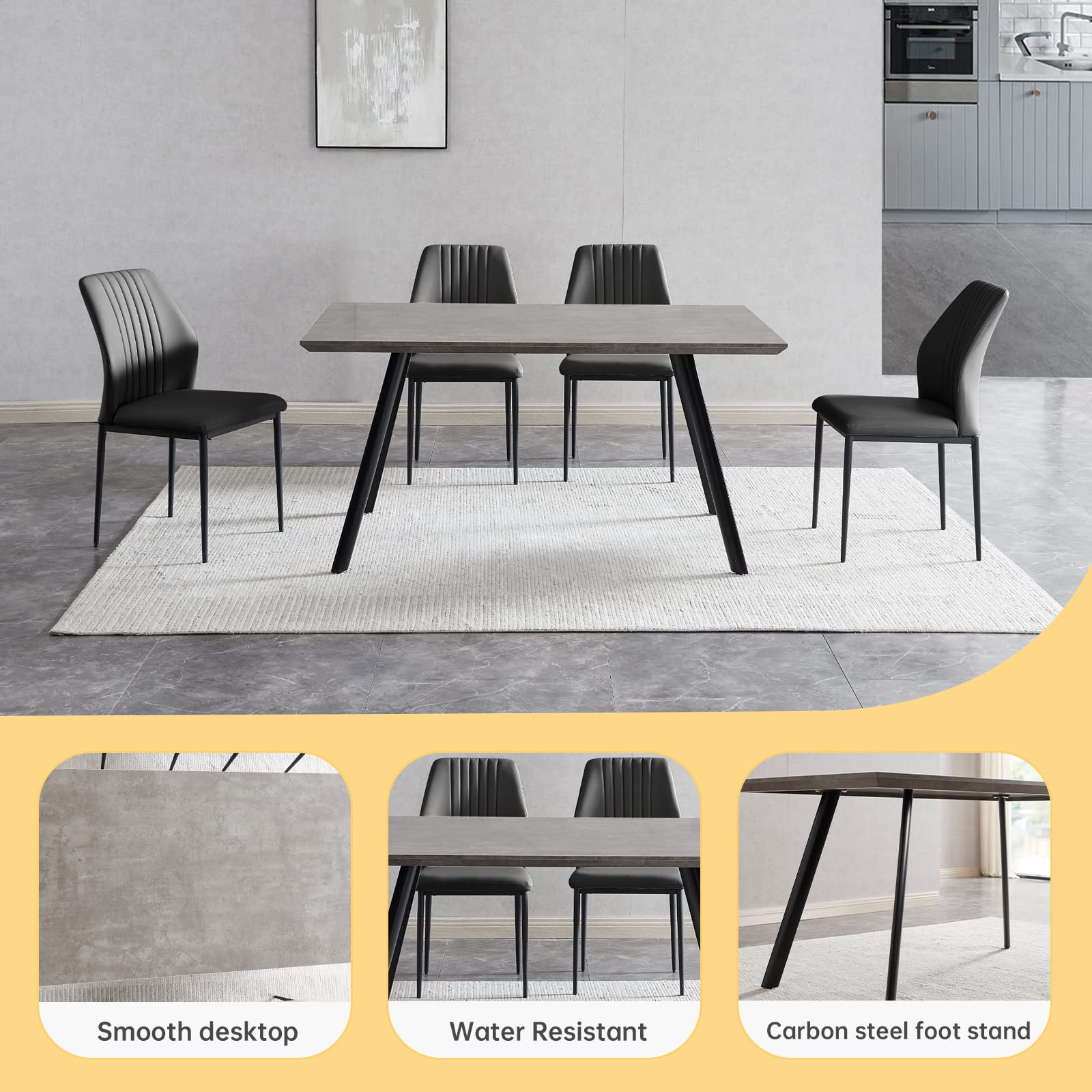 ZckyCine Modern Dining Table 5-Piece Kitchen Table Set for 4 People Rectangular Wood Dining Table with 4 upholstered Leather Chairs (47.2 inches Table + 4 Blak Chairs)