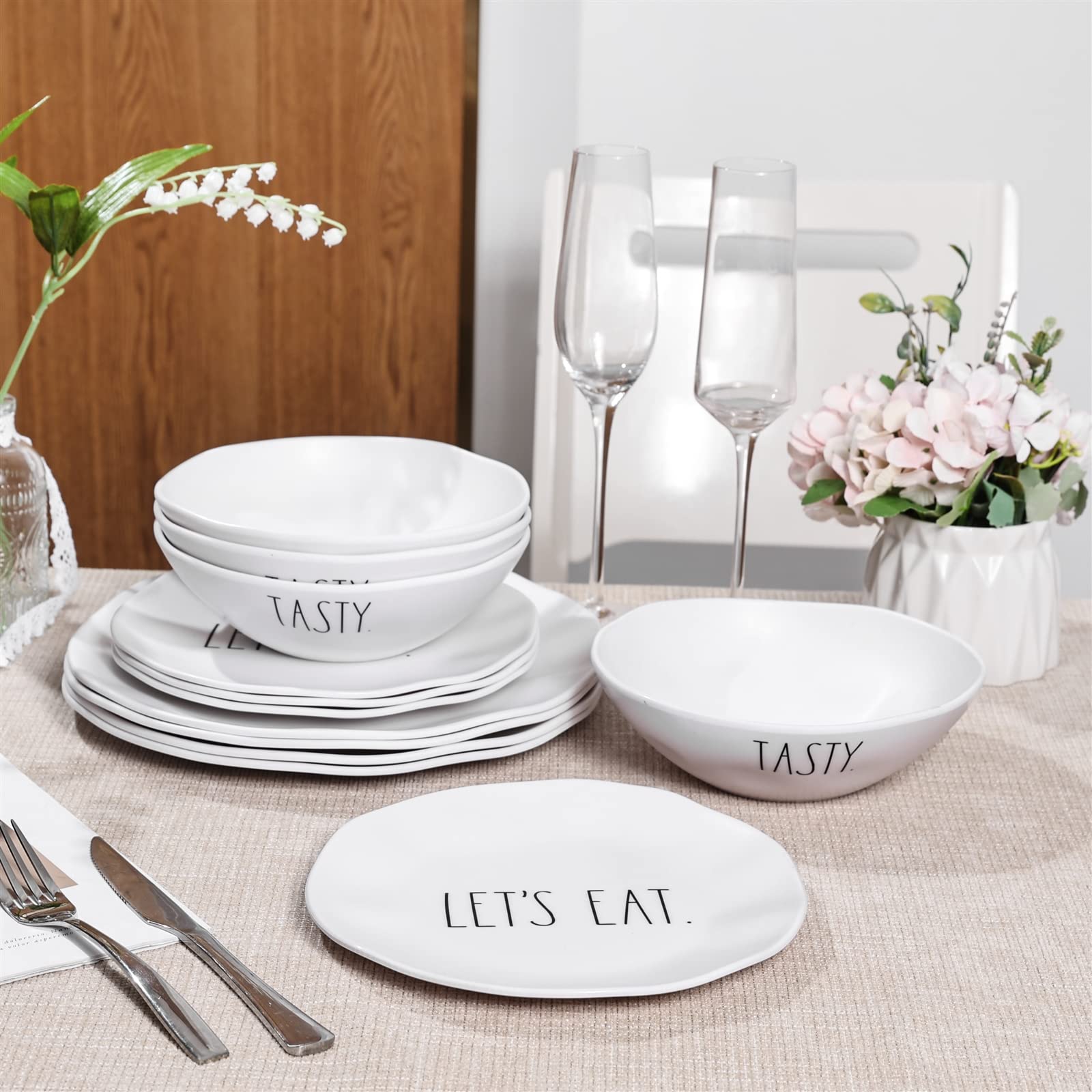 Yummost Melamine Dinnerware Sets, Plates and Bowls Set for 4, Perfect for Indoor and Outdoor Dining Party, Dishwasher Safe, LET'S EAT Word Print