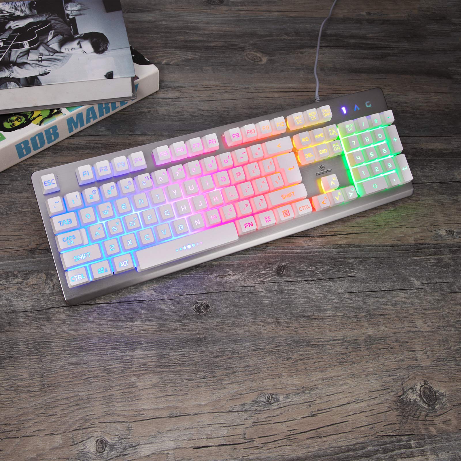 Wired Illuminated Gaming Keyboard for PC/Computer/Laptop, CODORIX Full-Sized Gaming Keyboard with Rainbow Lighting and 19 Anti-Ghosting Keys, White
